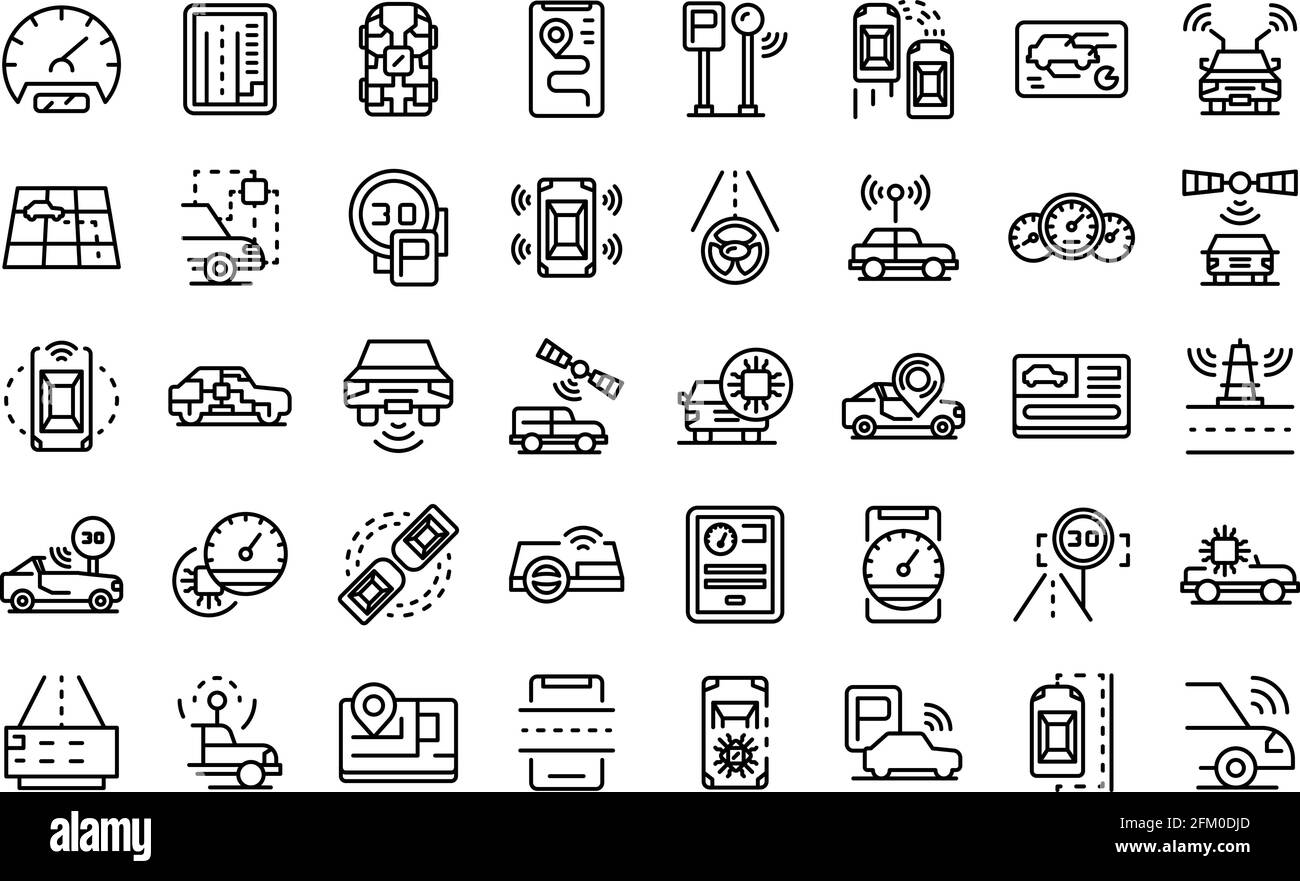 Autonomous car icons set. Outline set of autonomous car vector icons ...