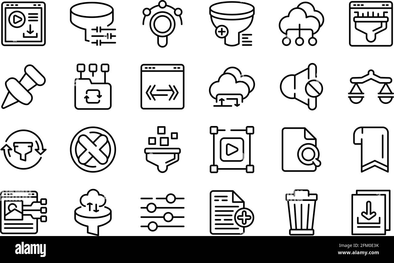 Filter search icons set. Outline set of filter search vector icons for ...
