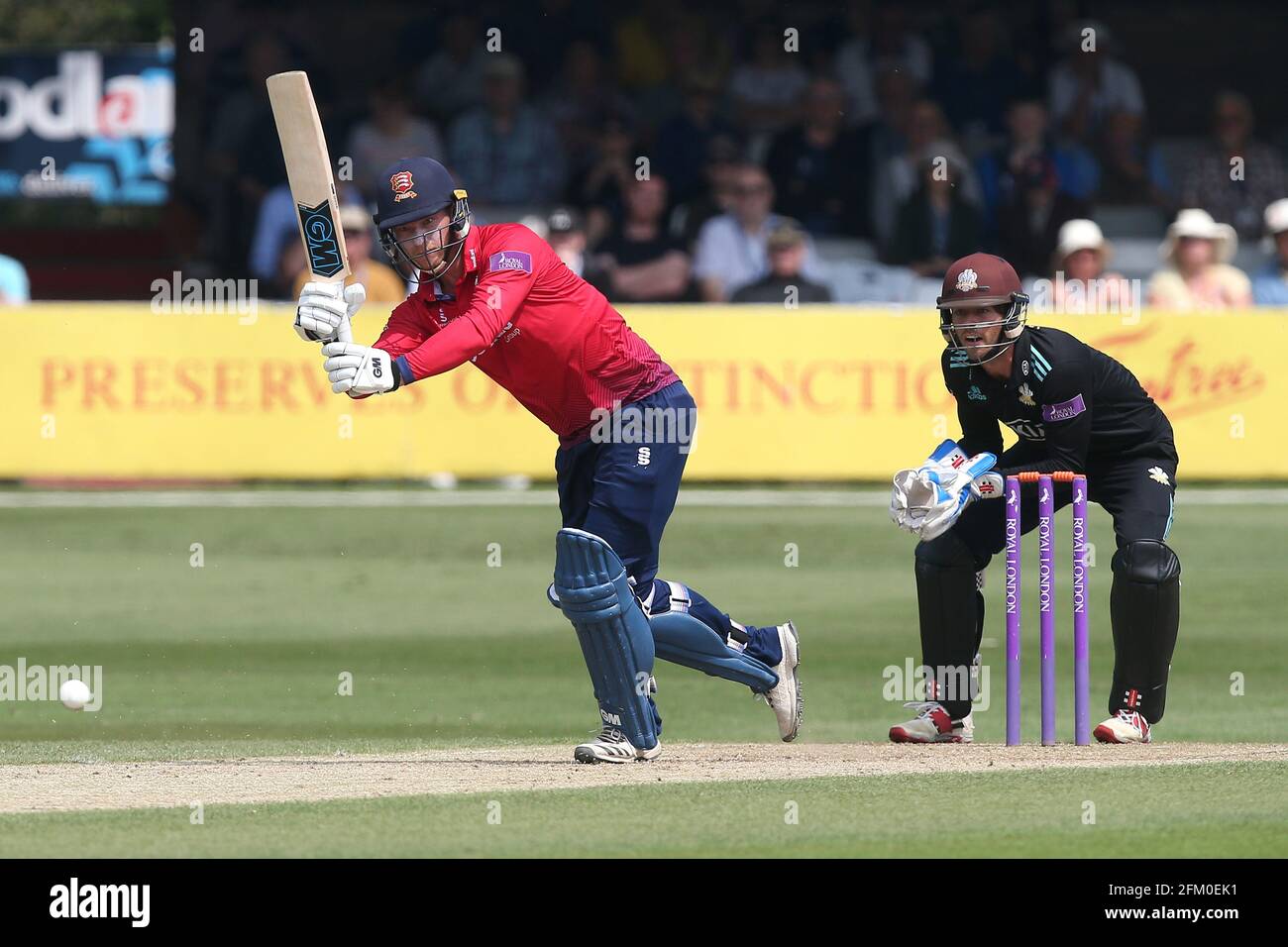 Tom Westley in batting action for Essex as Ben Foakes looks on from ...