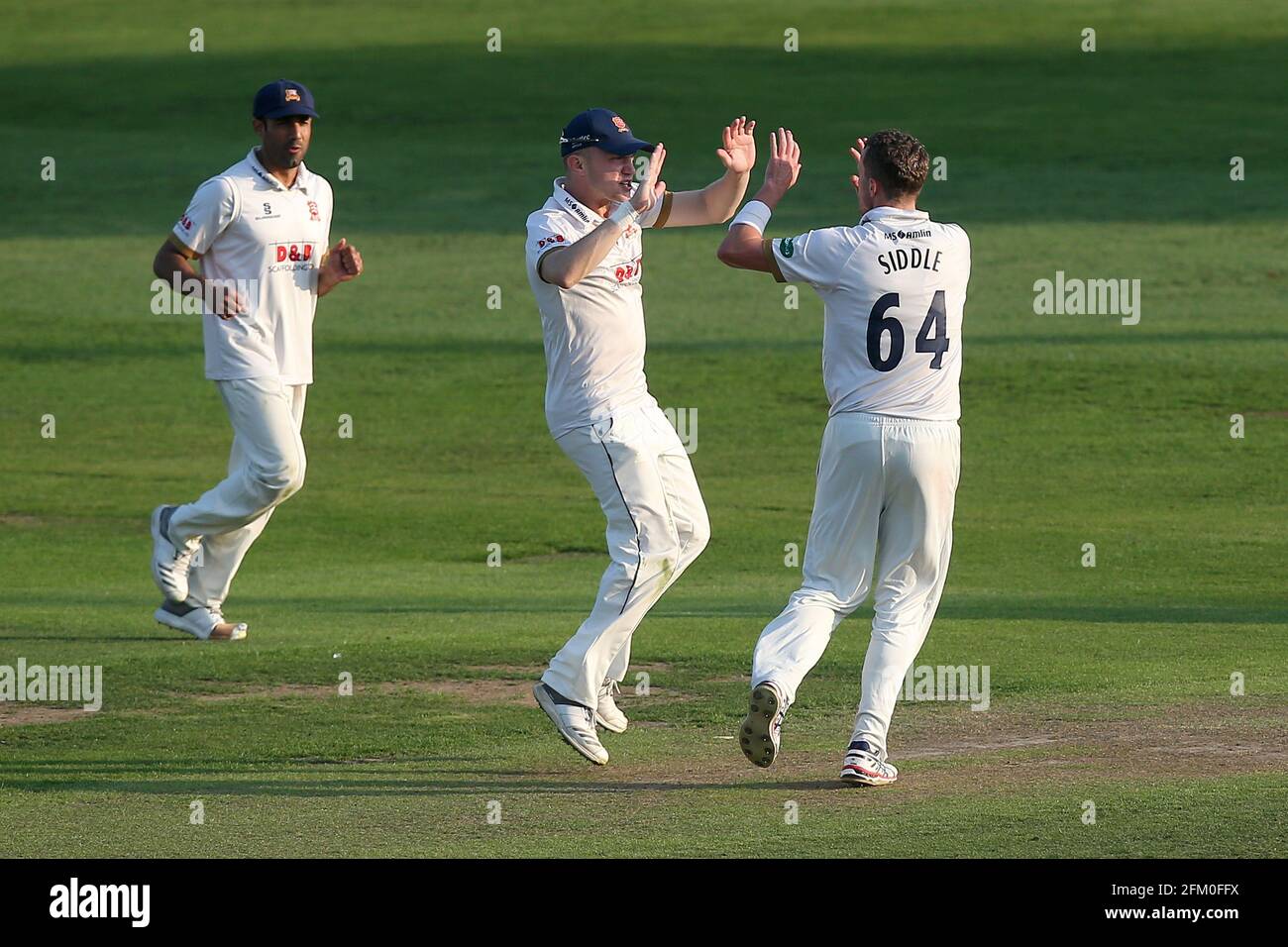 Peter Siddle of Essex celebrates taking the wicket of Joe Weatherley ...