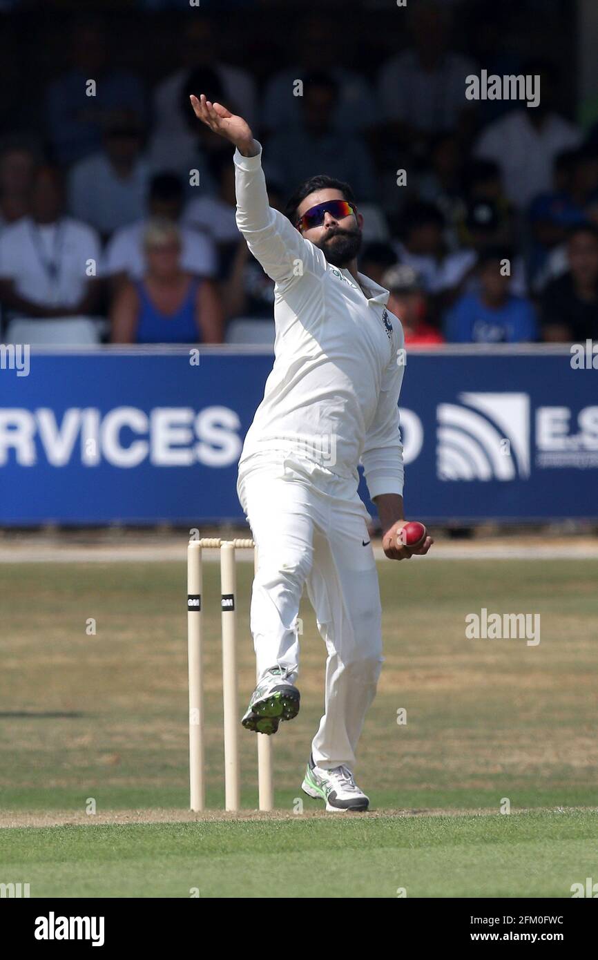 Ravindra Jadeja in bowling action for India during Essex CCC vs India ...