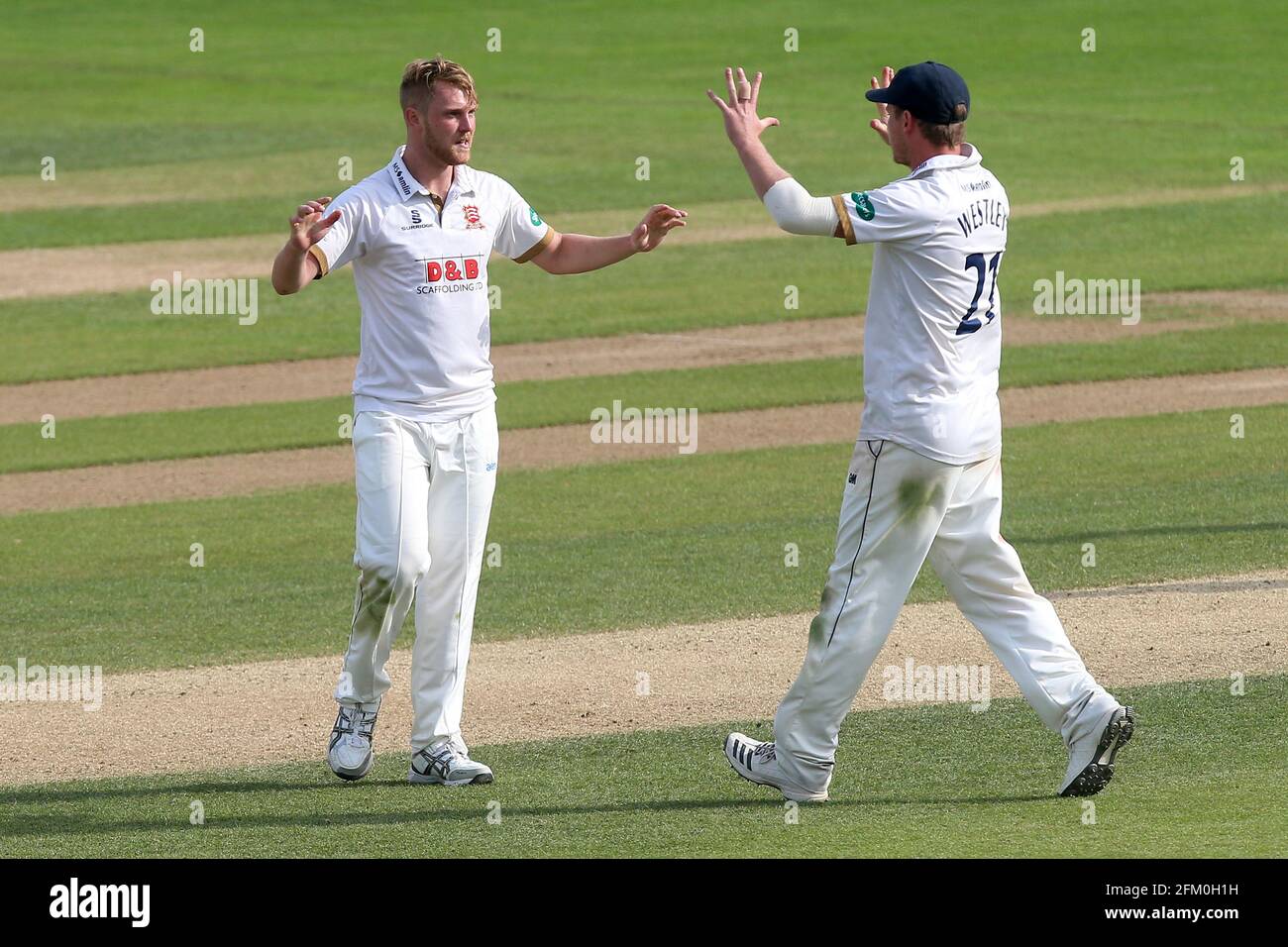 Jamie Porter of Essex celebrates taking the wicket of Jordan Clark ...
