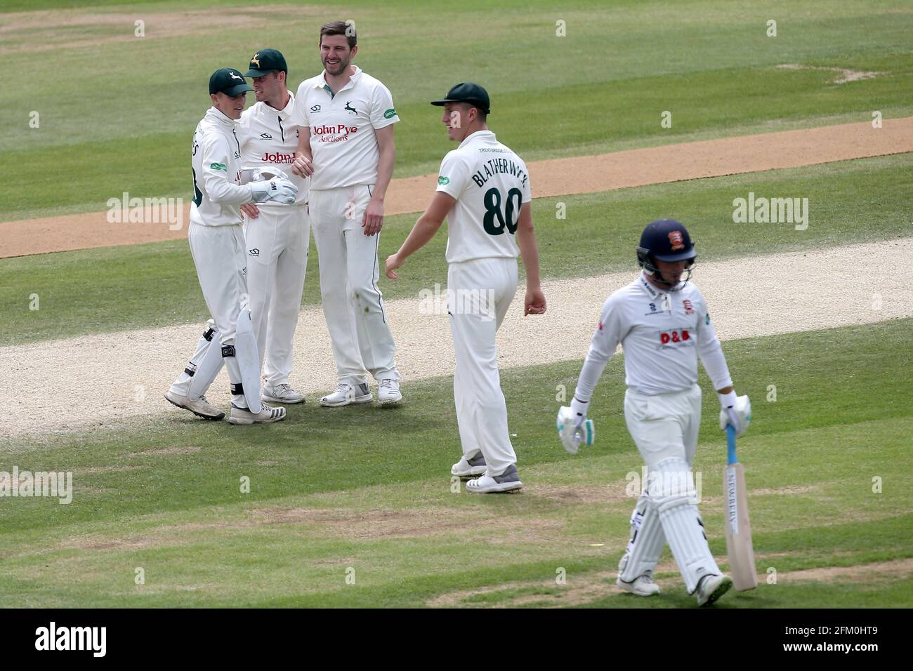 Harry Gurney of Notts celebrates taking the wicket of Adam Wheater ...