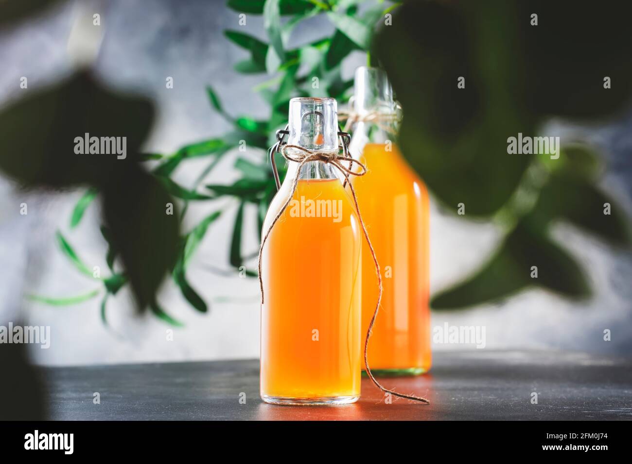 Fermented Raw Kombucha Drink Bottle. Gray Table Background With Copy ...