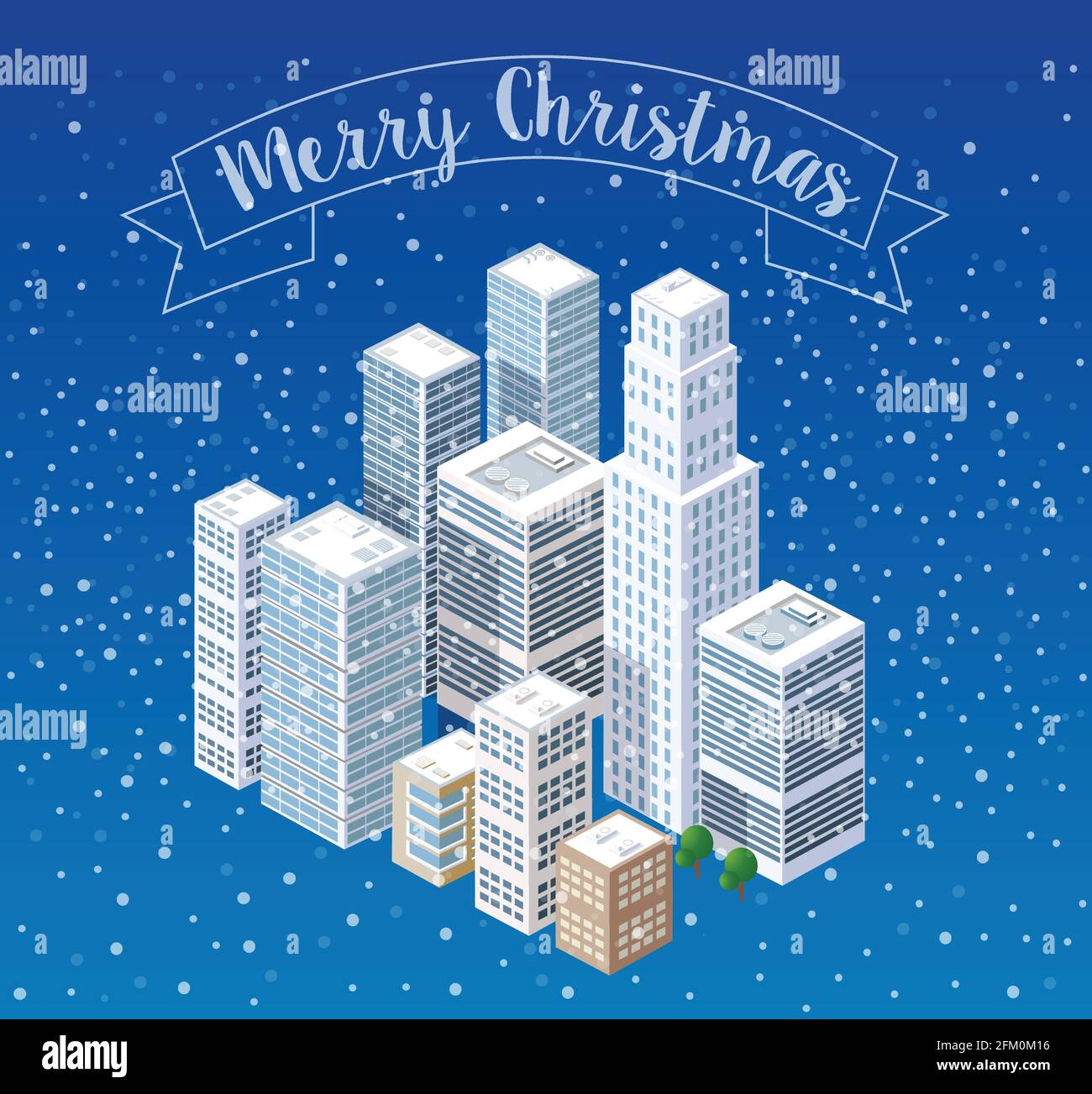 Winter Christmas landscape snow covered the futuristic isometric city ...