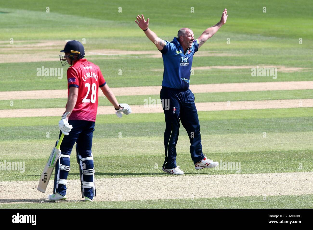 Darren Stevens of Kent celebrates taking the wicket of Tom Westley ...