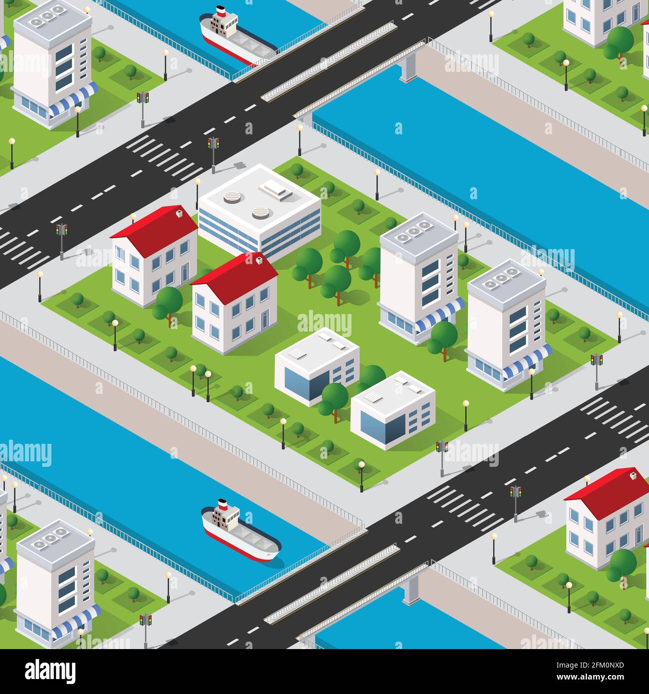 Isometric river embankment 3D illustration of the city quarter with ...