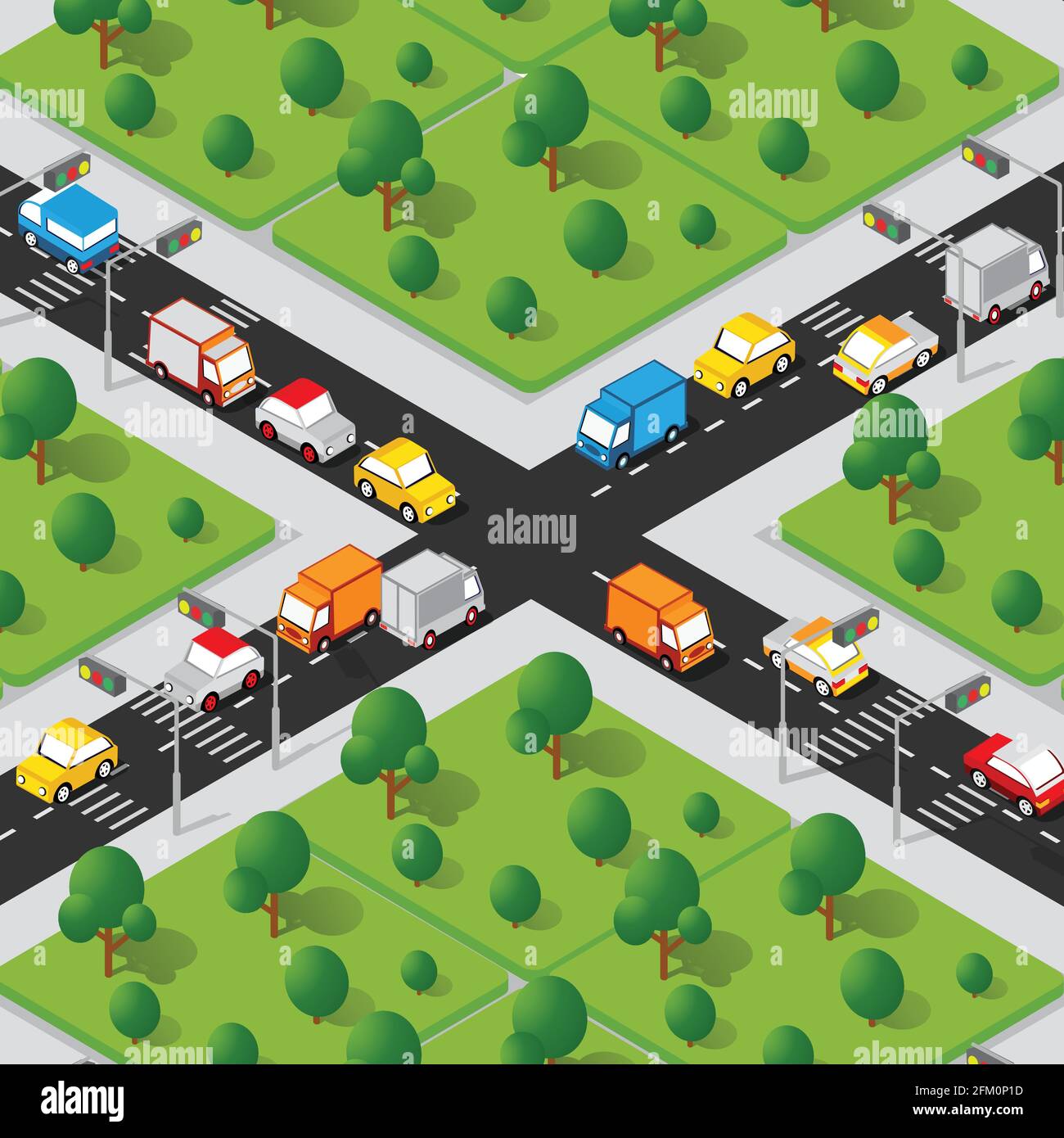 Crossroad road isometric 3D city street with cars, trees Stock Vector ...