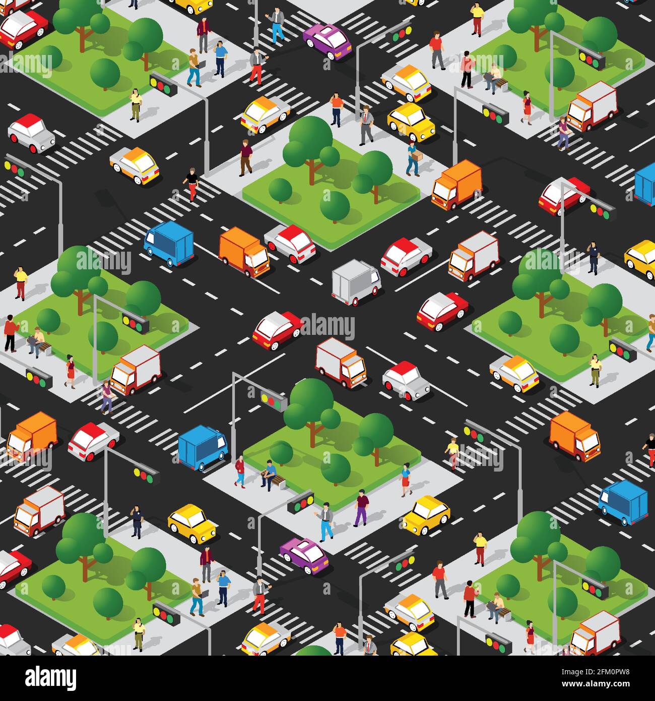 Crossroad road isometric 3D city street with cars, trees Stock Vector ...