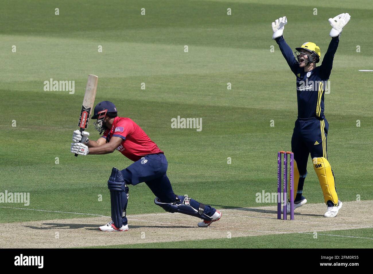Lewis McManus of Hampshire appeals successfully for the wicket of Varun ...