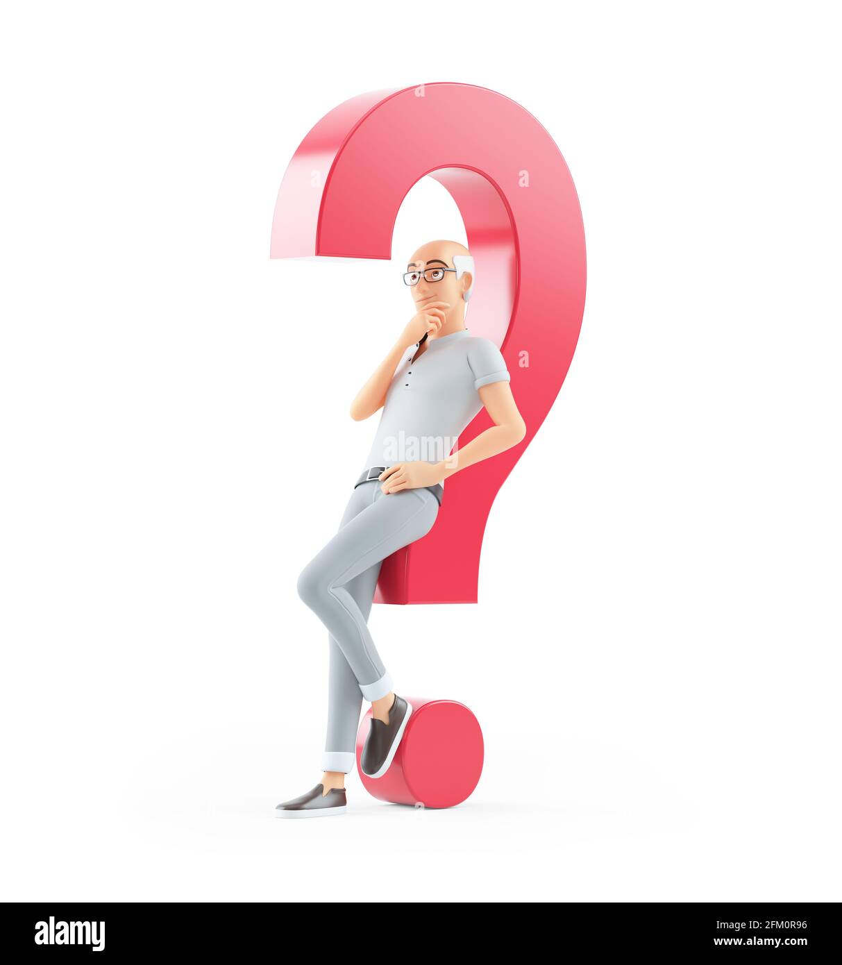 3d senior man leaning under question mark, illustration isolated on ...