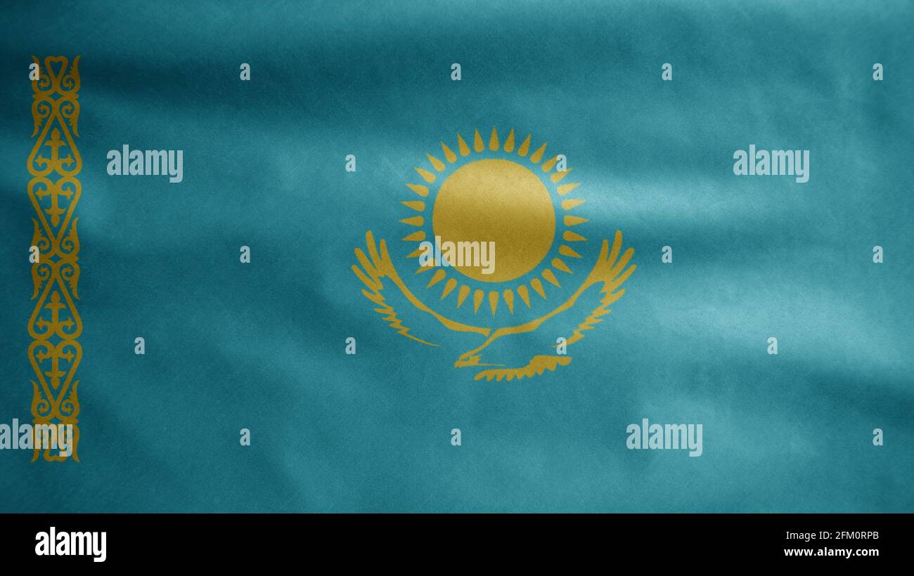 Kazakhstani flag waving in the wind. Close up of Kazakhstan banner ...