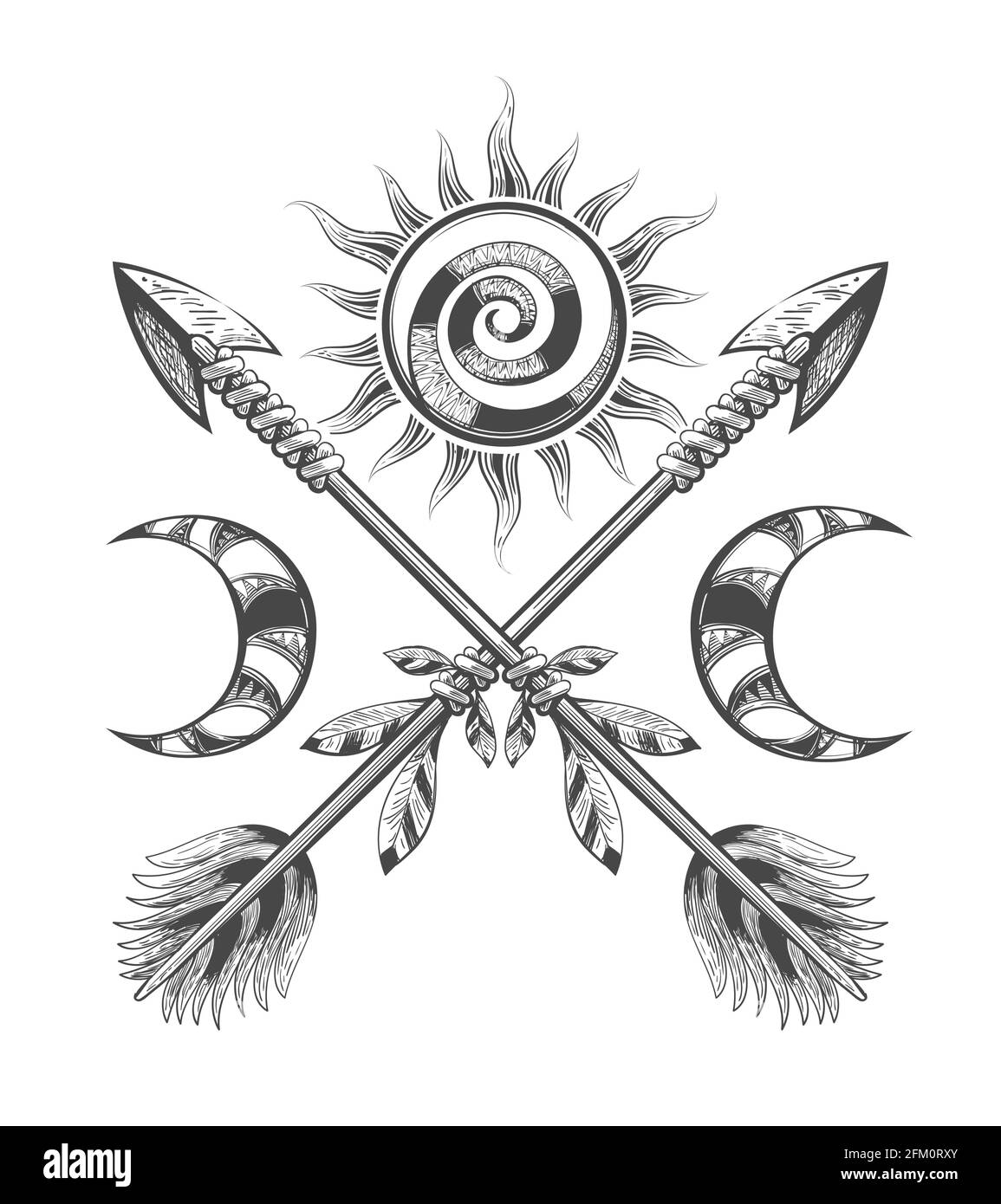 Esoteric Illustration of Sun Moon and Arrows drawn in tattoo style ...