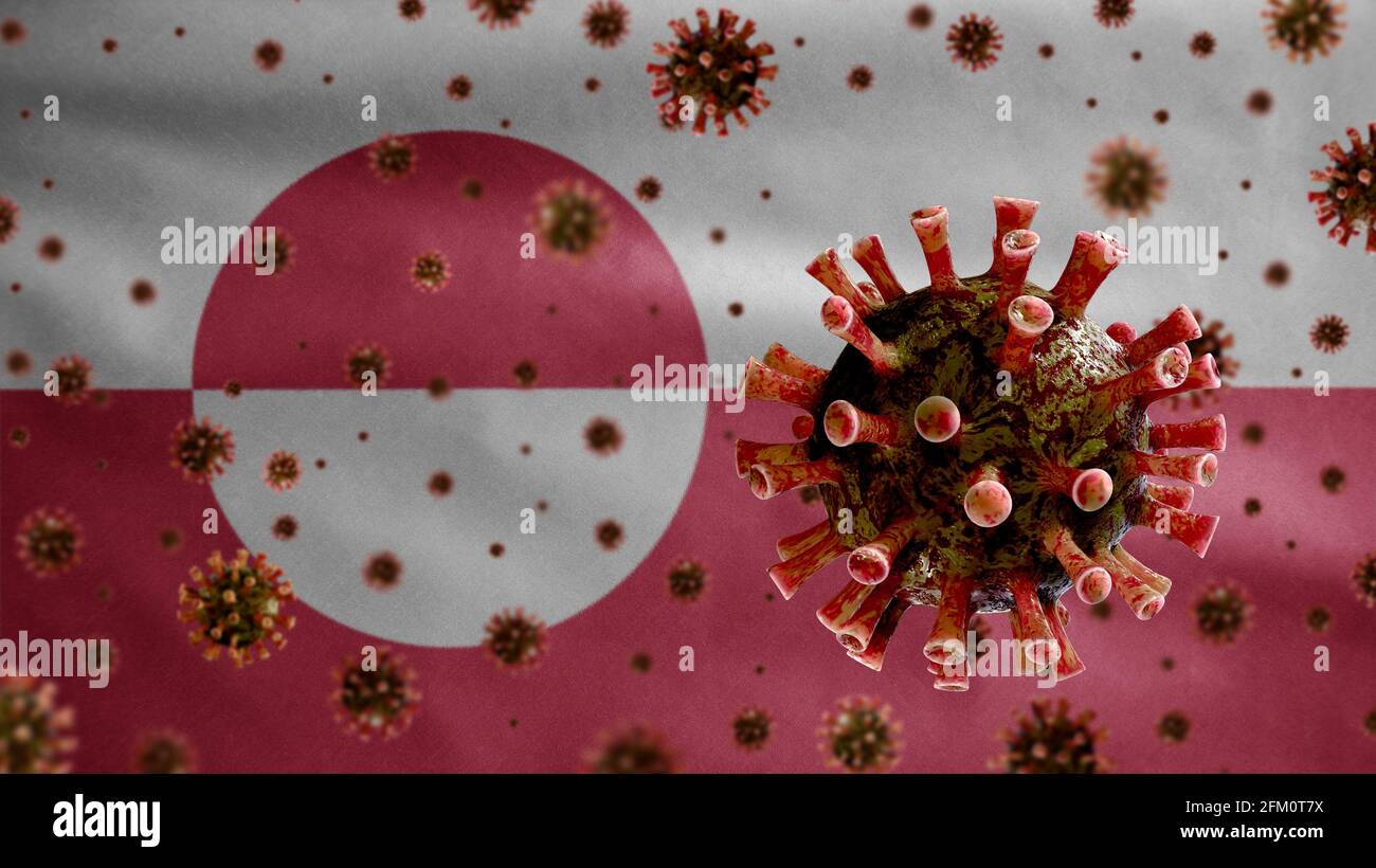 3D, Flu coronavirus floating over Greenlander flag, a pathogen that ...