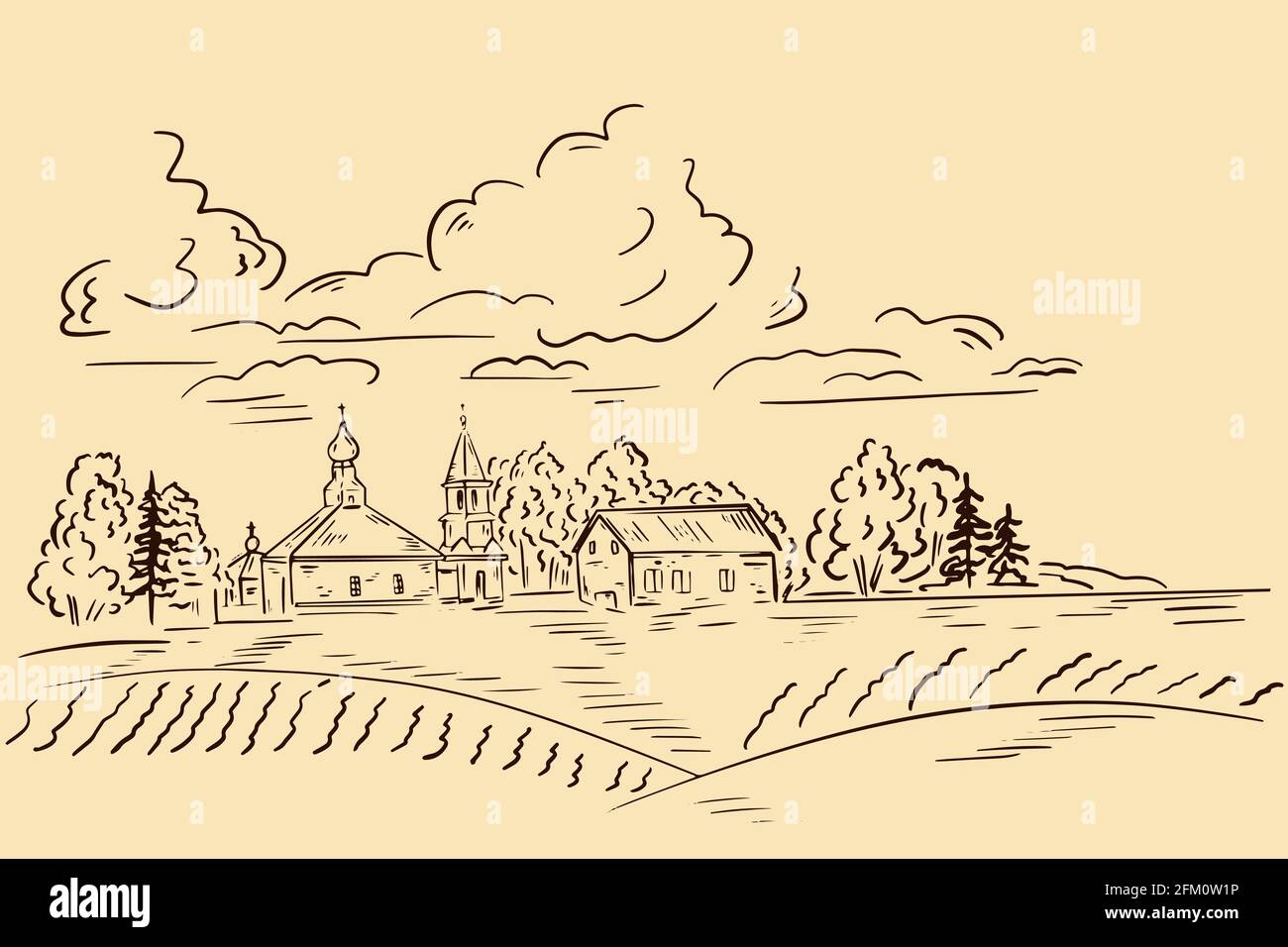 A sketch of a village with a church in the distance. Vector. Hand ...