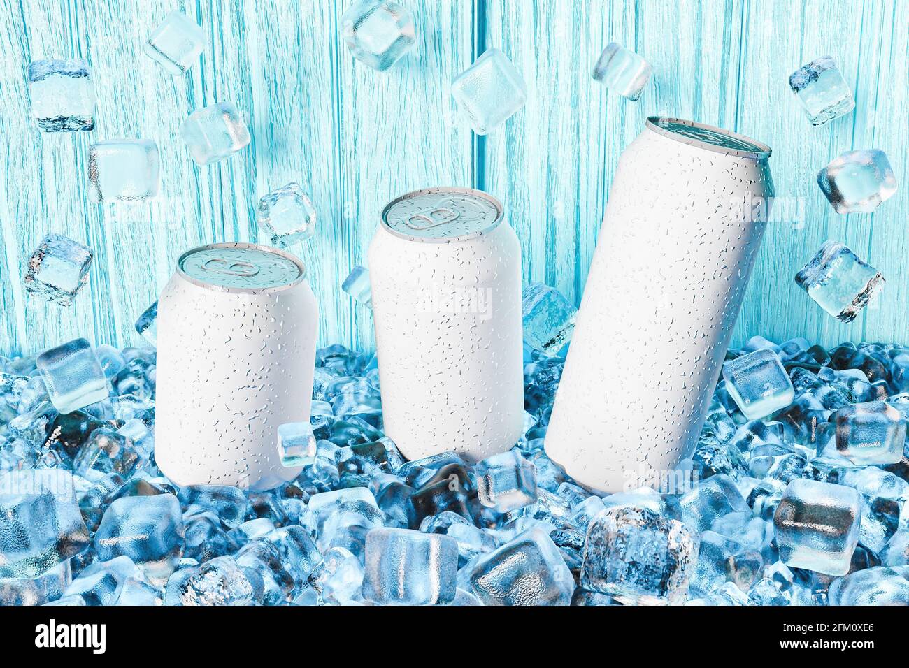 3D rendering of aluminum cans on ice cubes with wooden background Stock ...