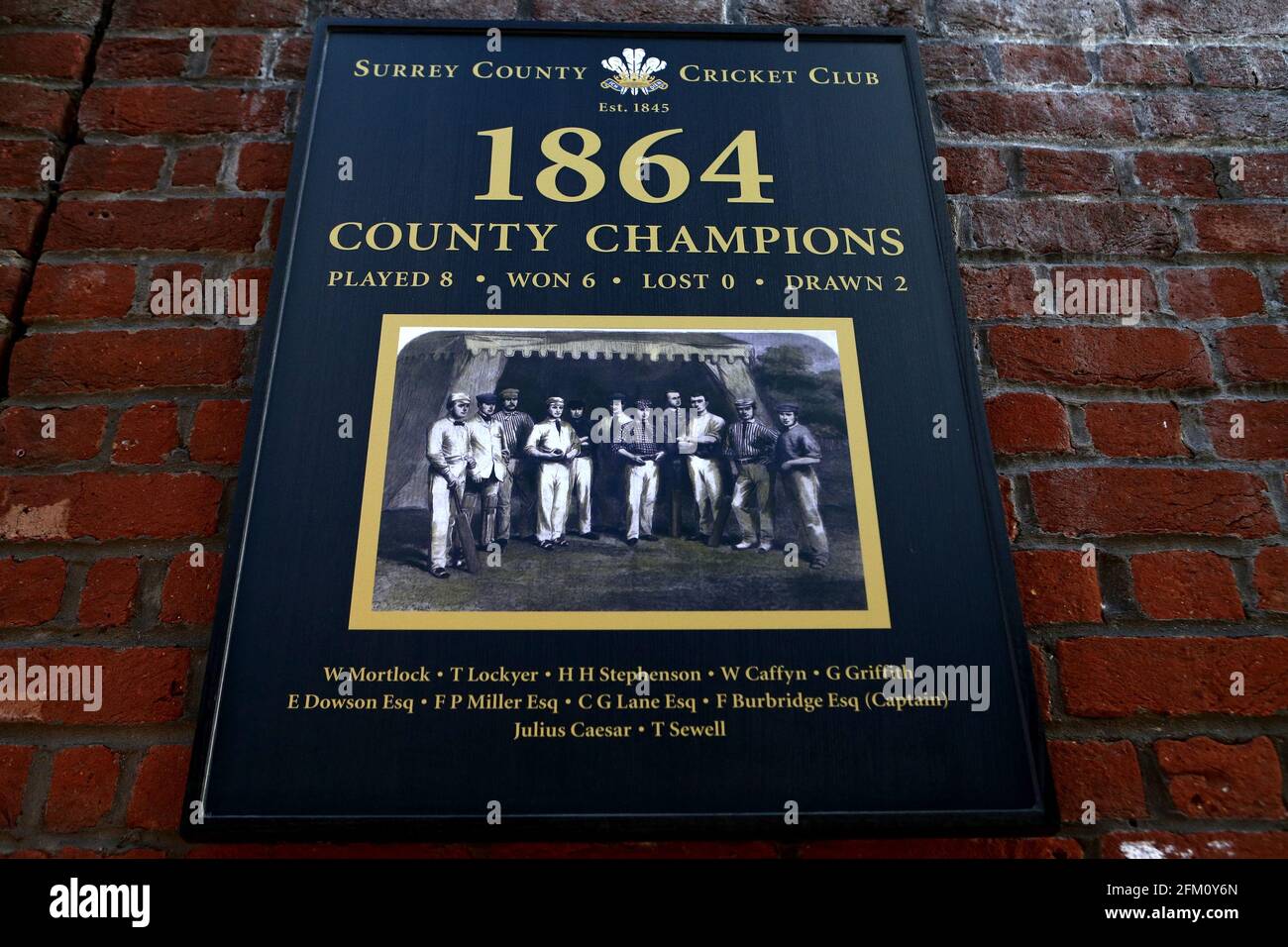 A sign shows that Surrey were County Champions in 1864 during Surrey ...