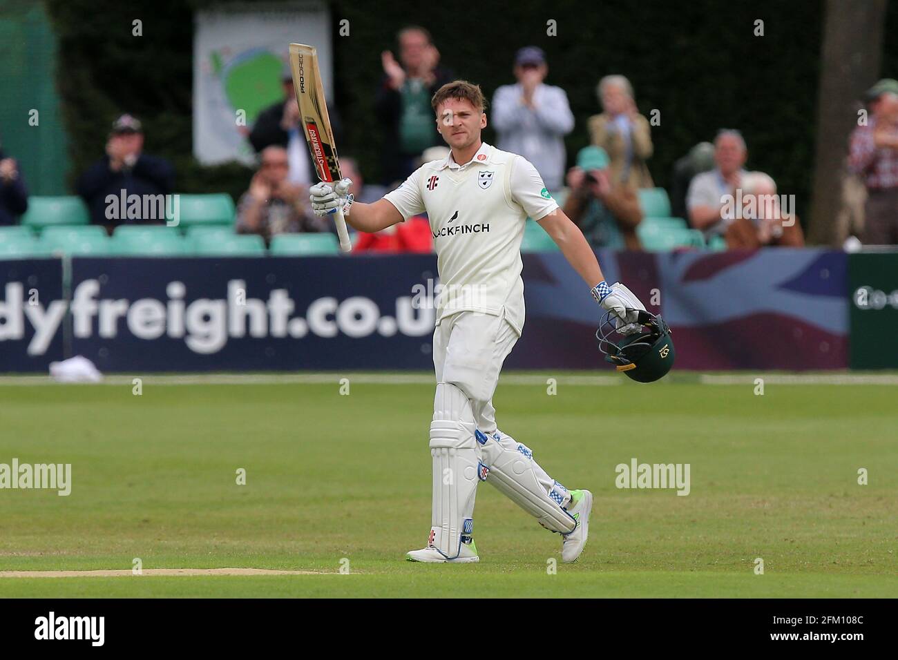Joe Clarke of Worcestershire acknowledges the crowd after reaching his ...