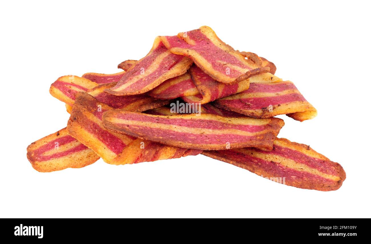 Fried crispy meat free plant based bacon rashers isolated on a white ...