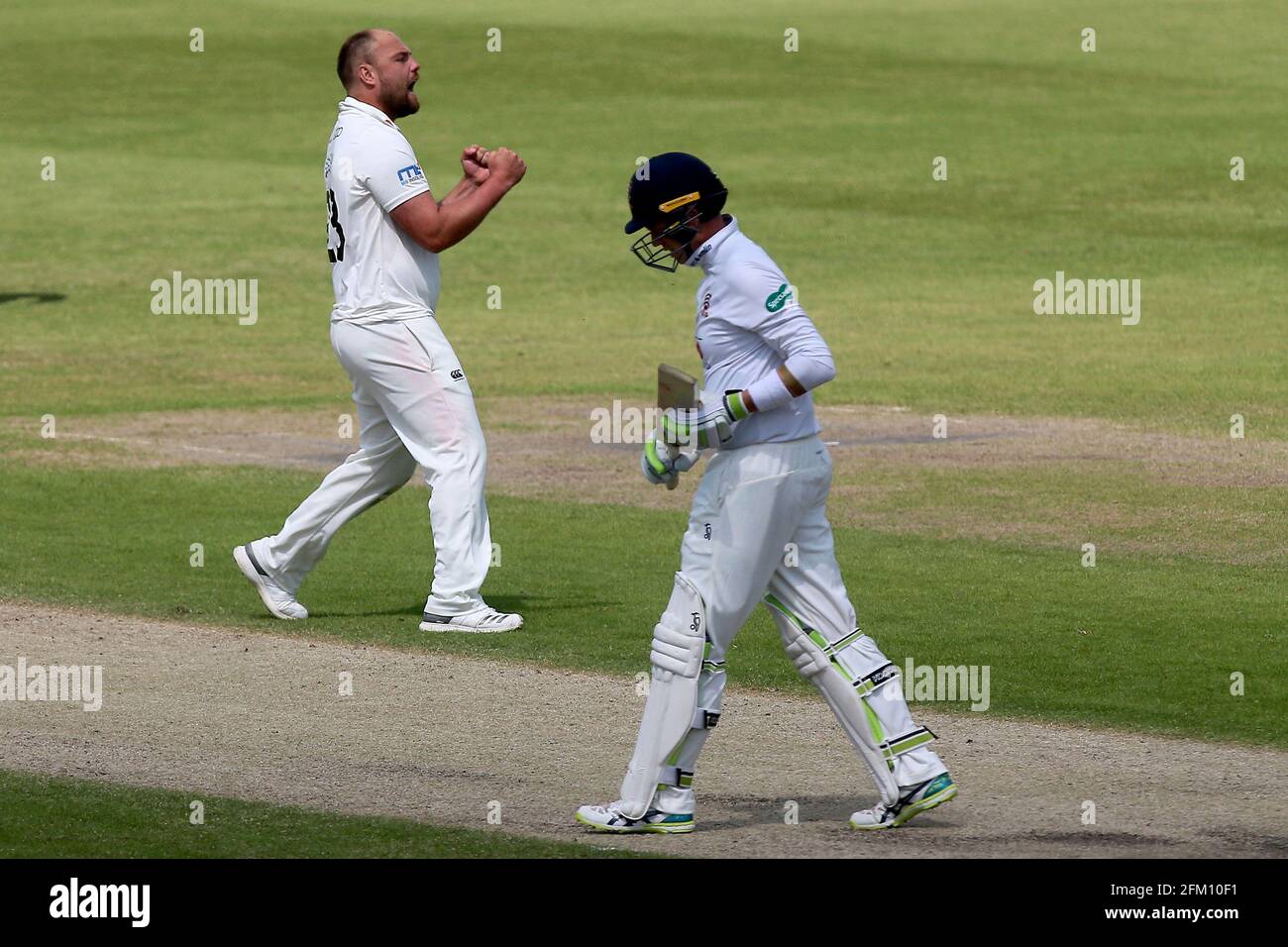 Joe Leach celebrates taking the wicket of Essex batsman Peter Siddle ...