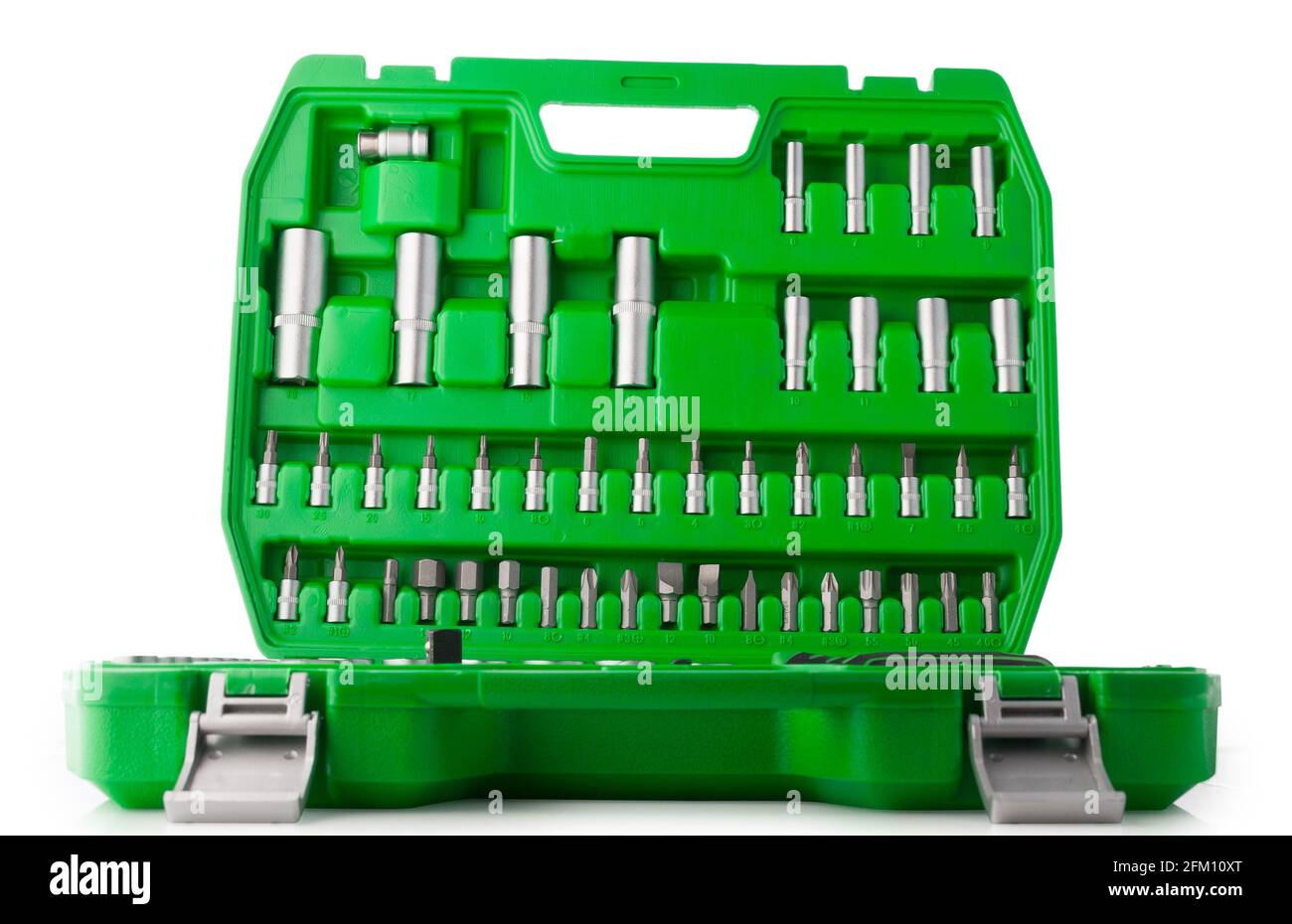 Open green case with a set of tools for car repair, side view. Isolated ...