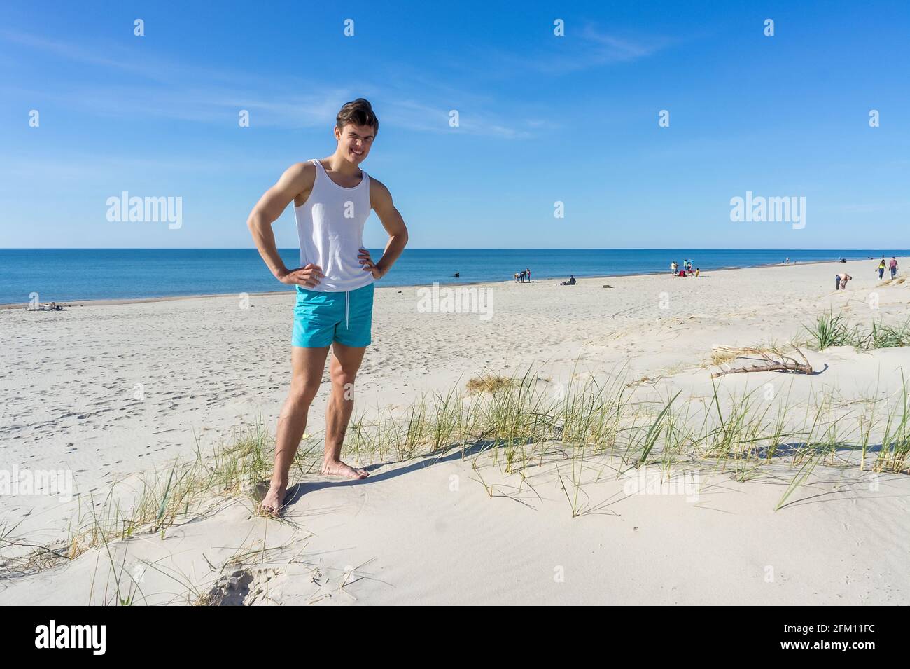 Kaliningrad region, Baltic Sea, Russia, May 10, 2020. Athletic build ...
