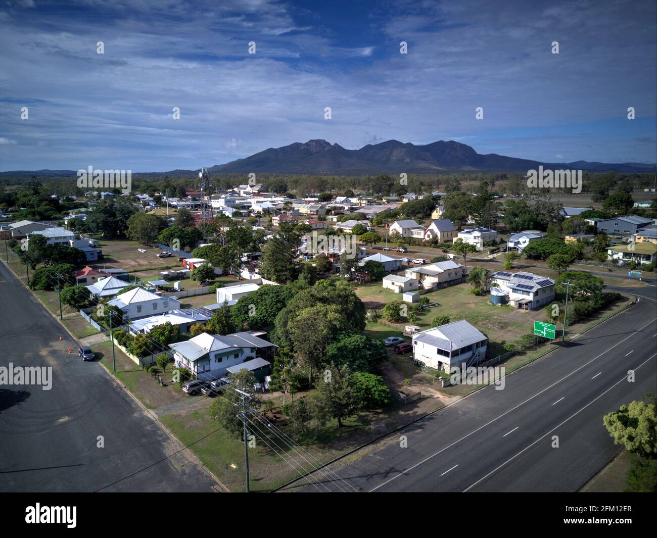 Aerial of the township of Biggenden Queensland Australia with Mt Walsh ...