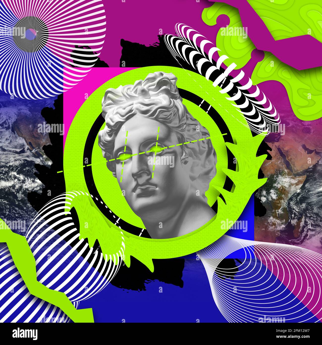 Contemporary art collage with antique statue head in a surreal style ...