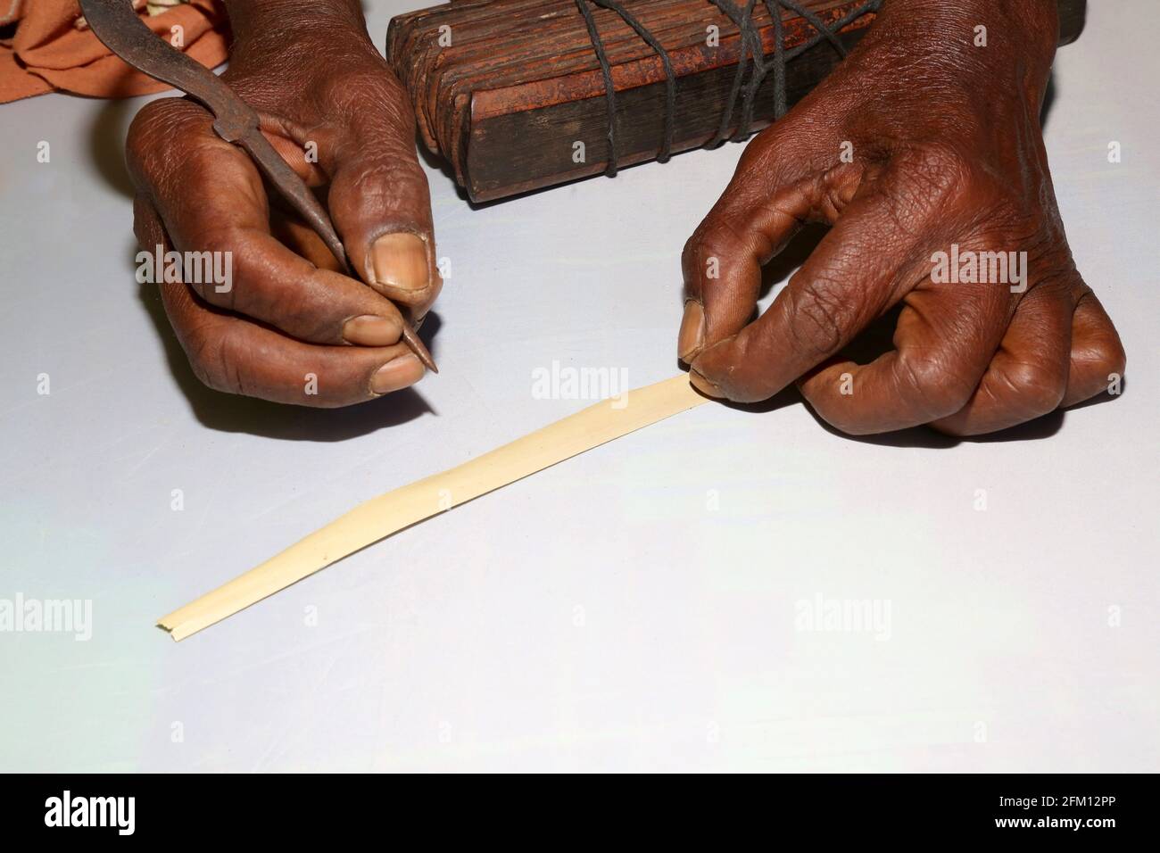 Traditional healer writing on palm leaf at Pedaanjoda village in Araku ...