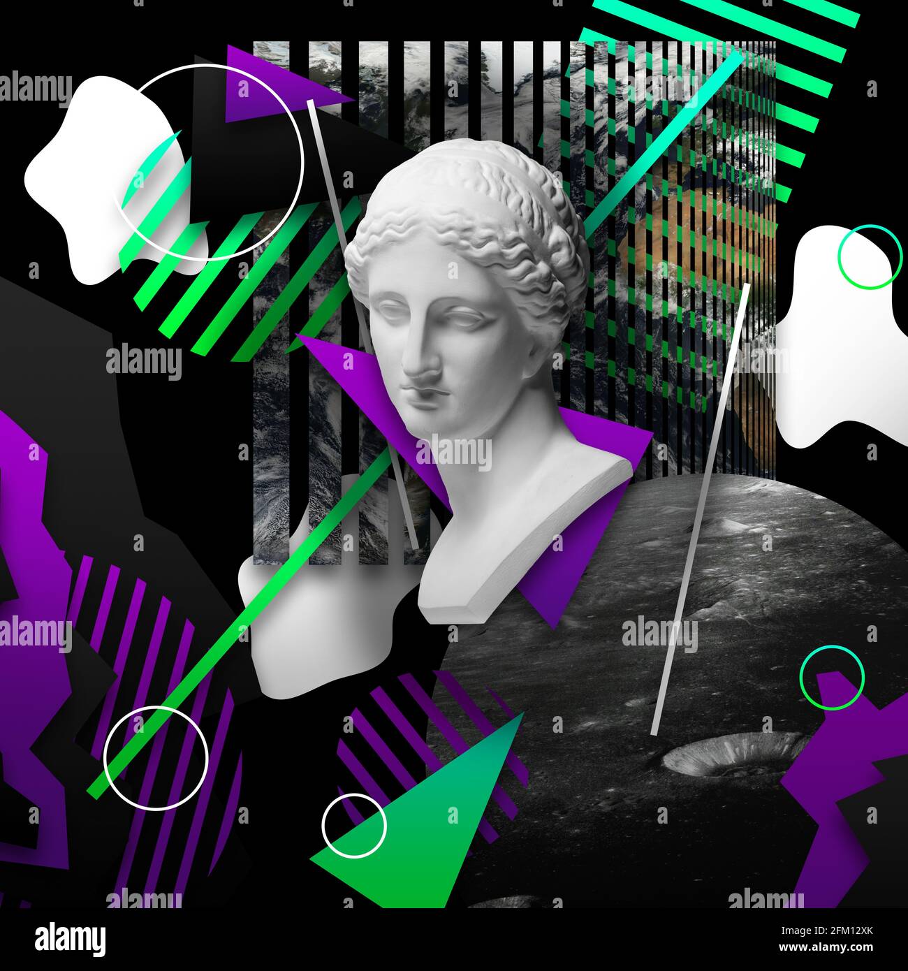 Contemporary art collage with antique statue head in a surreal style ...