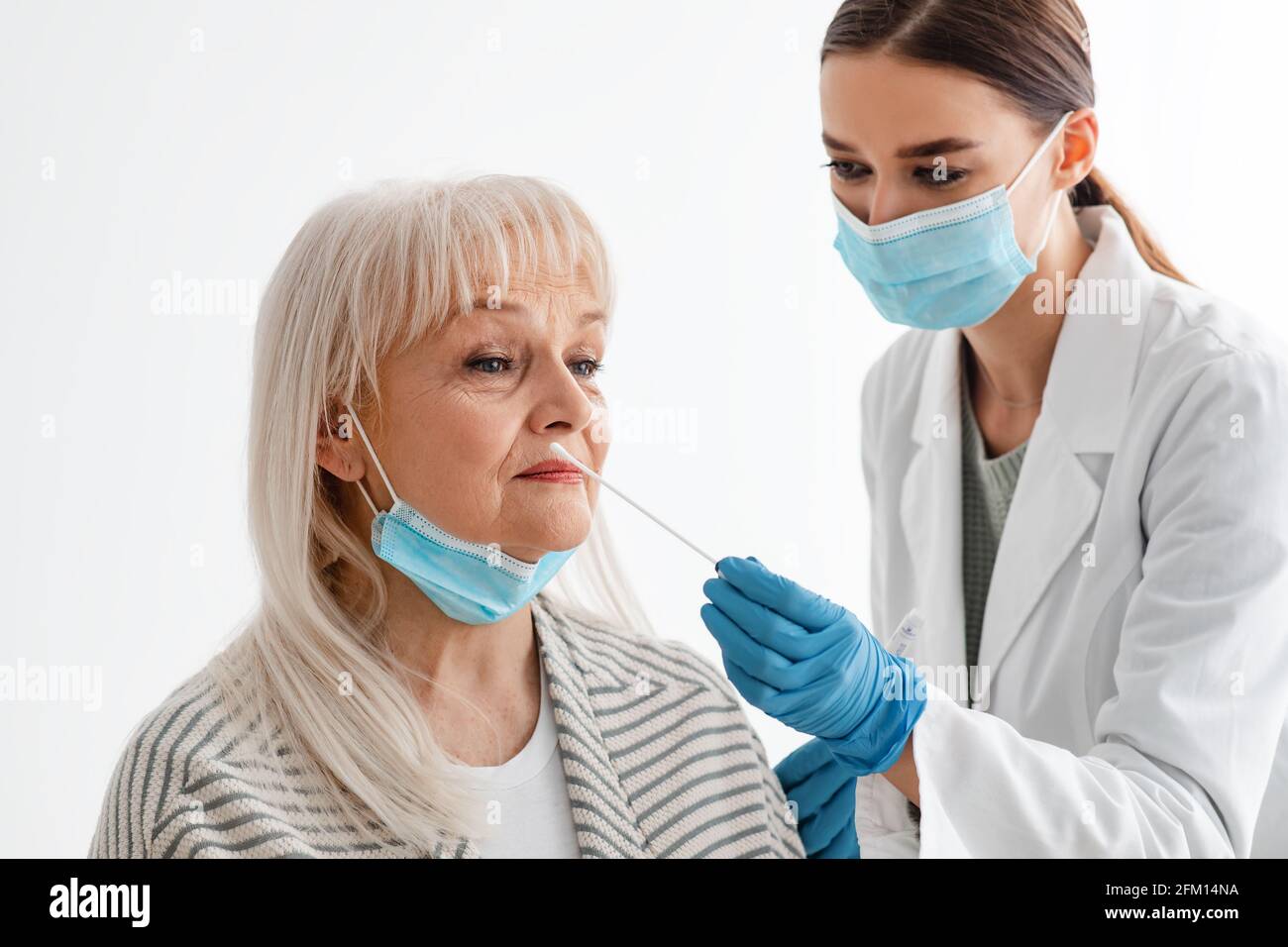 Doctor taking PCR test sample from potentially infected mature woman ...