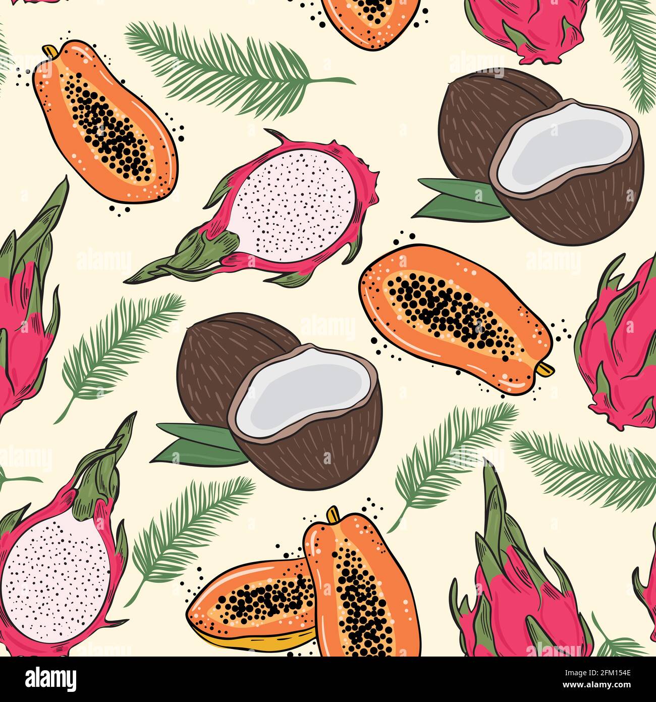 Seamless pattern with exotic fruits. Vector. Fruits and palm branches ...