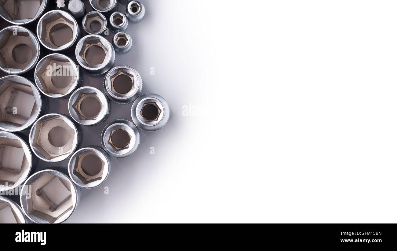 Set of wrench heads with blank space for banner white background Stock ...