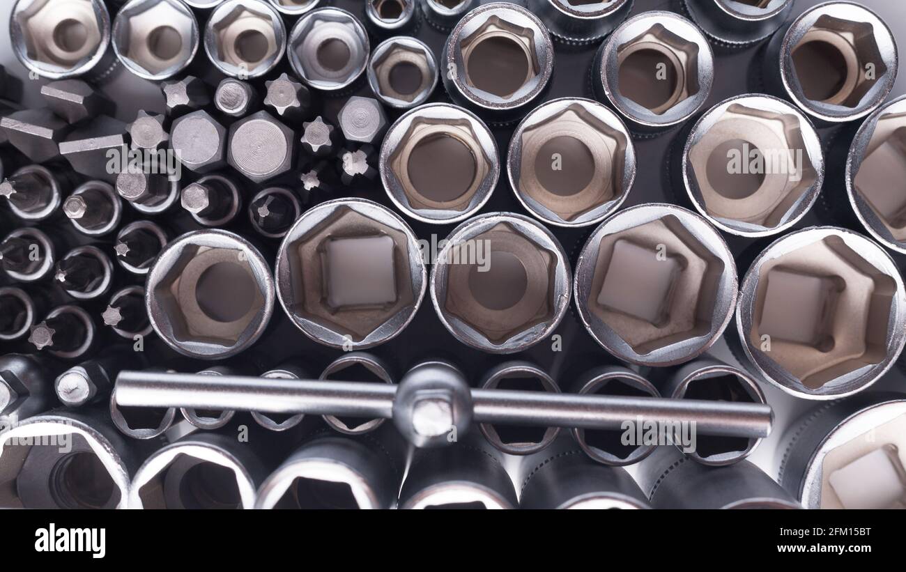 Set of wrench sockets of different sizes. Close-up top view Stock Photo ...