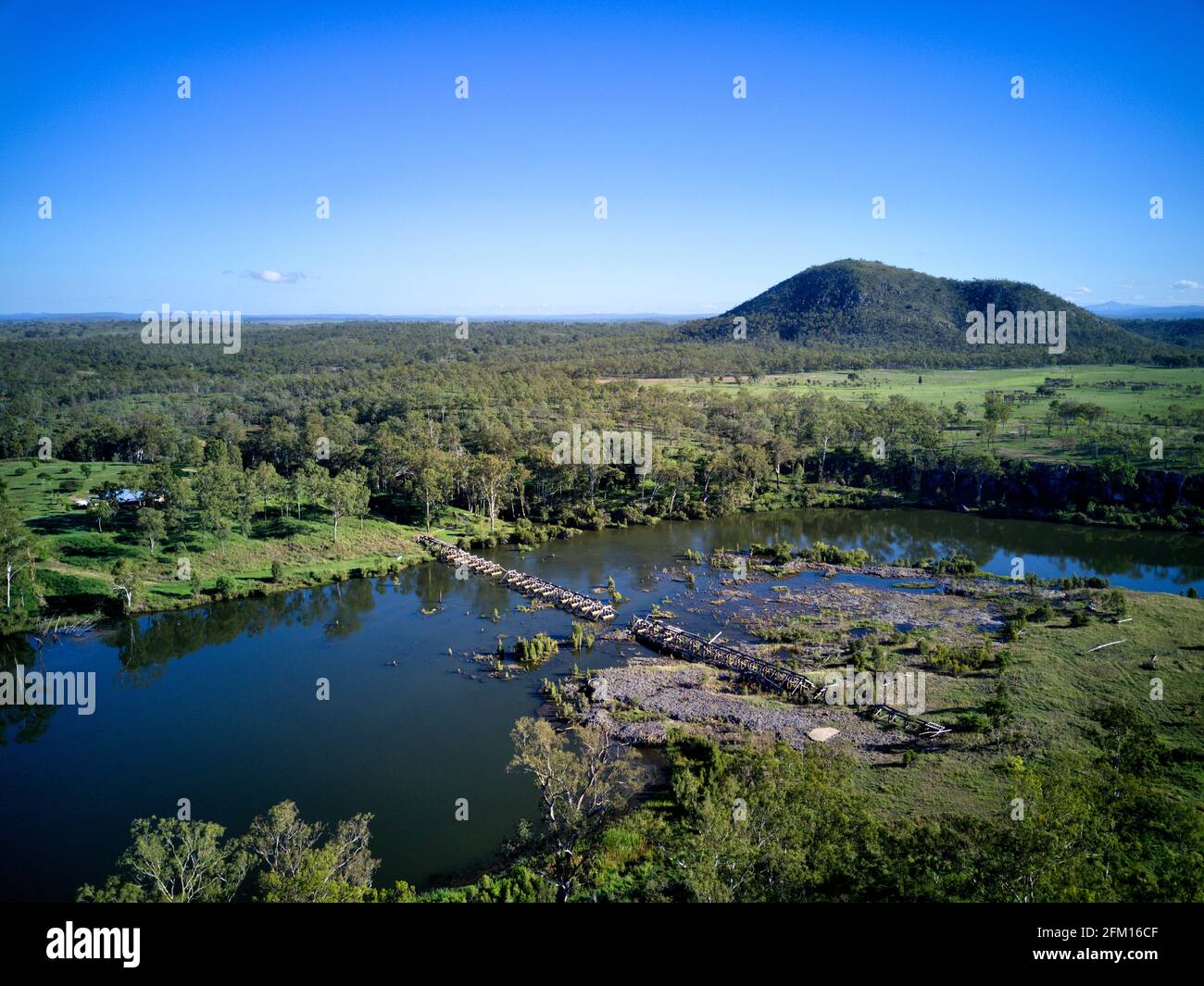 Aerial of the remains of the Mt Lawless railway bridge on the Burnett ...
