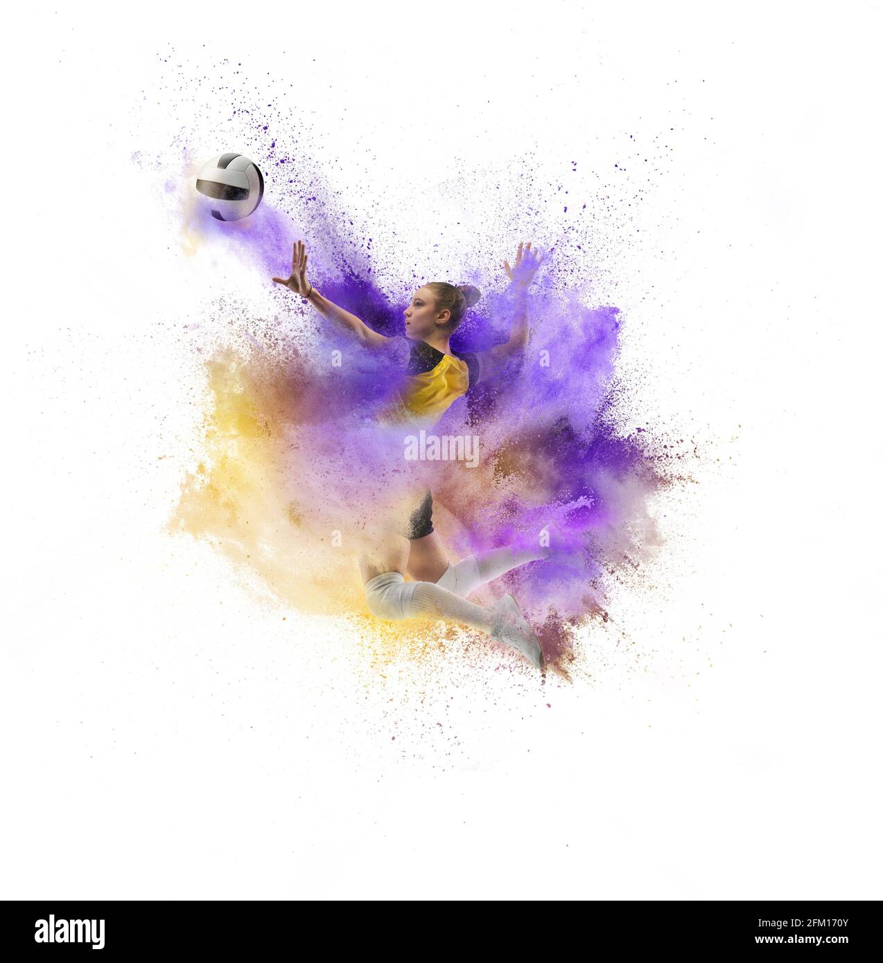 Young girl volleyball player in explosion of colored neon powder ...