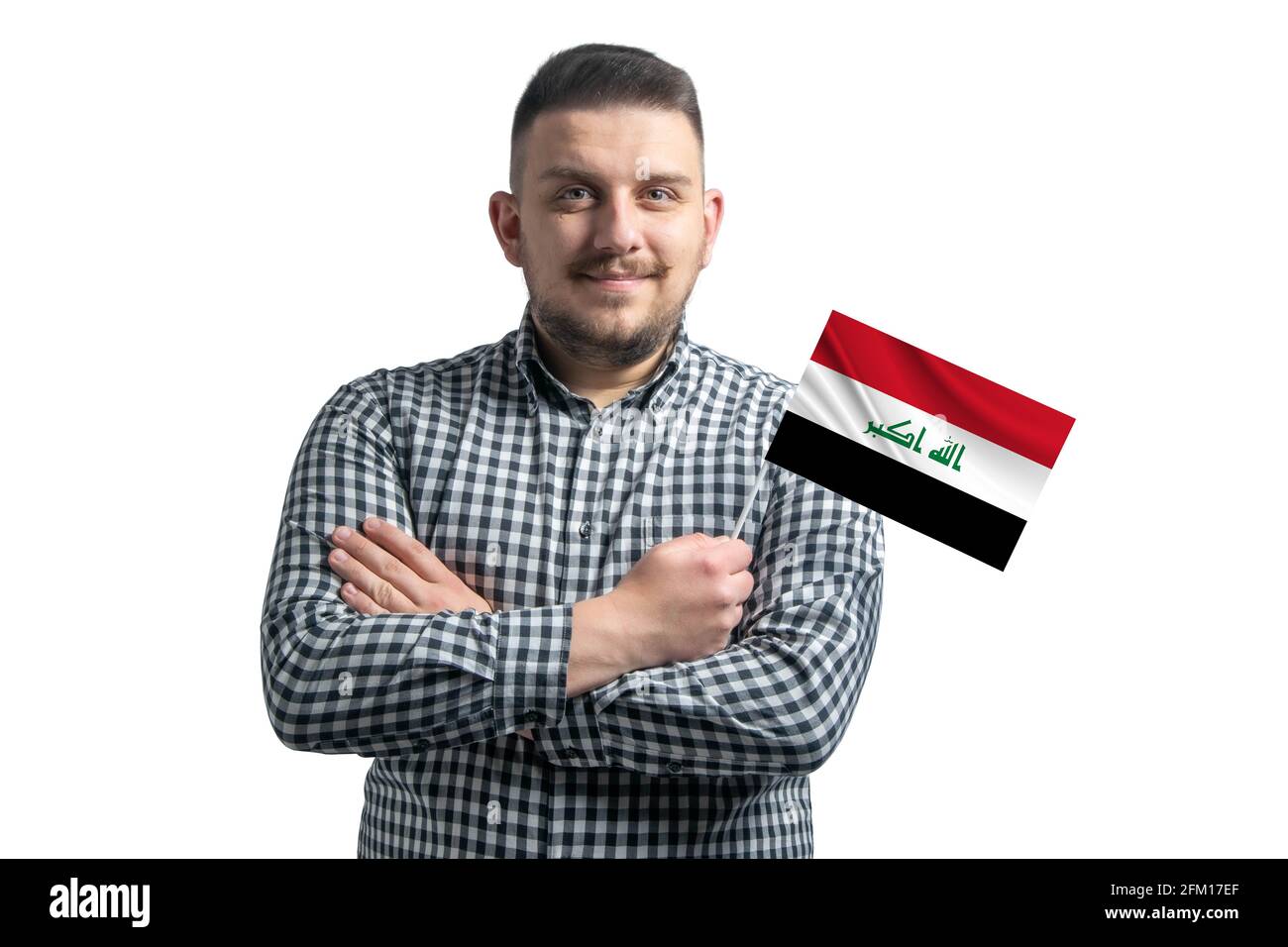 White guy holding a flag of Iraq smiling confident with crossed arms ...