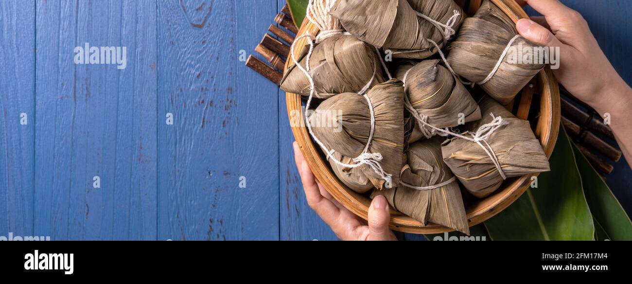 Zongzi rice dumpling with ingredients top view for Chinese traditional ...