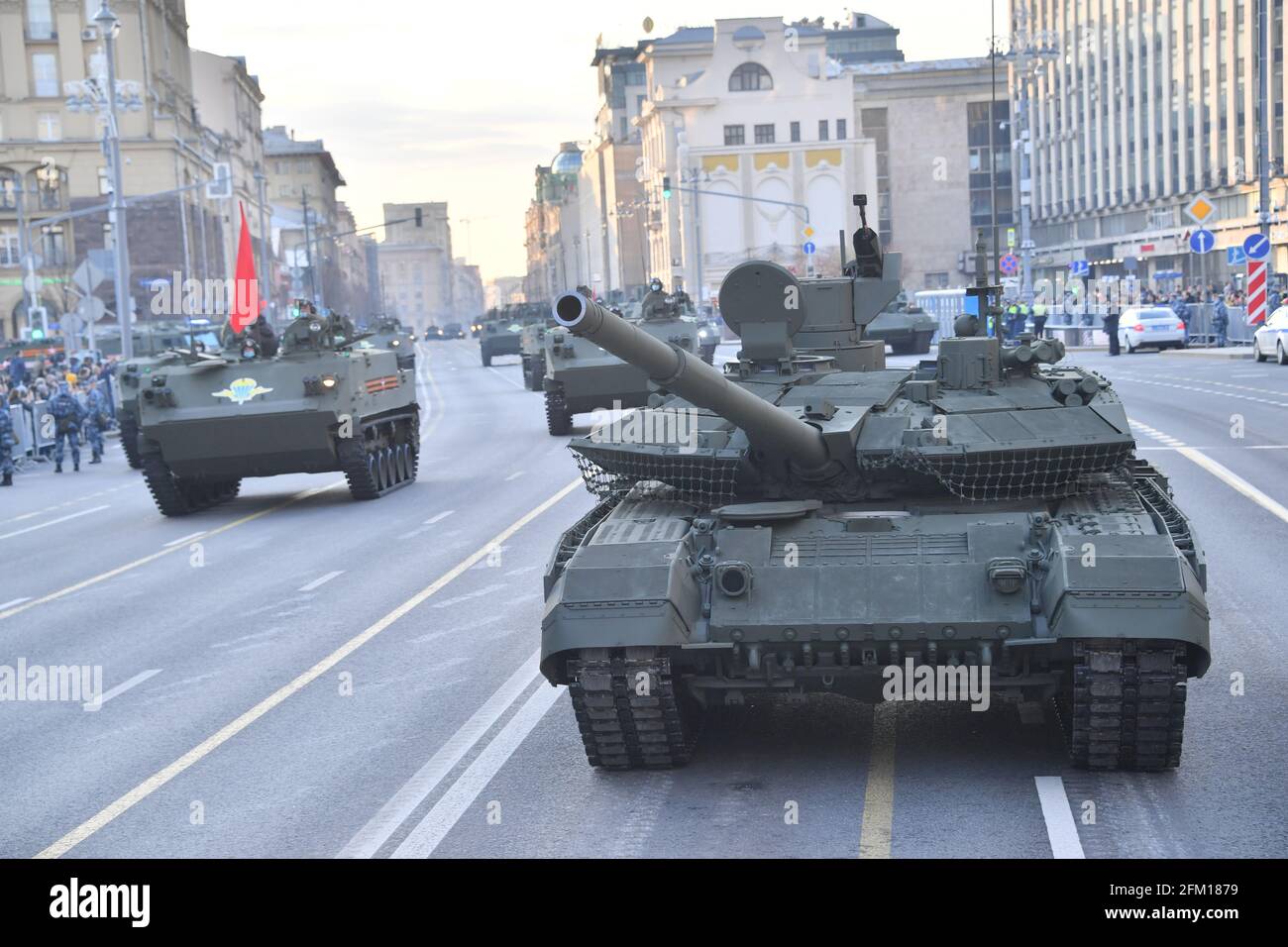Moscow. T-90M tank `Proryv` and BTR-MDM `Rakushka ' (from right to left ...