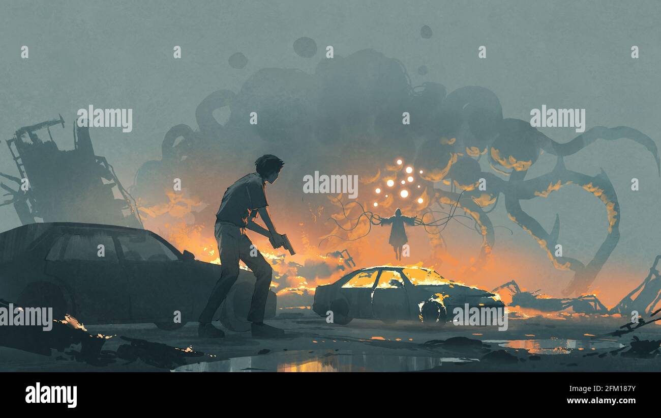 man with a gun looking at mysterious man floating in the air with evil ...