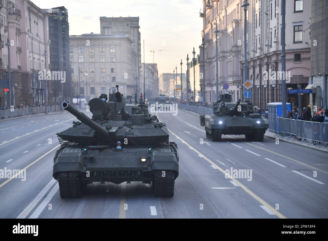 Moscow. T-90M tank `Proryv` and the T-14 `Armata ' tank (from left to ...