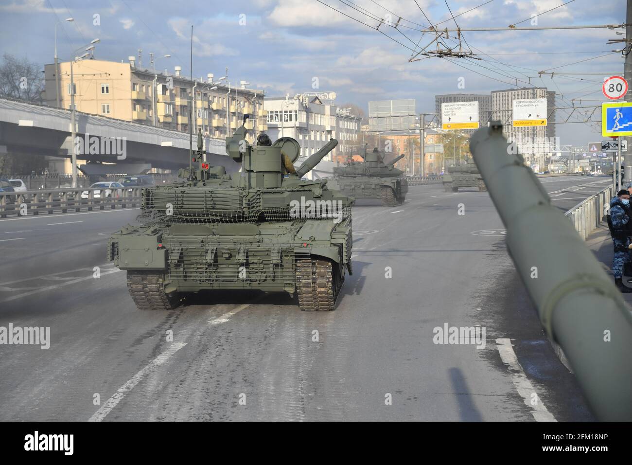 Moscow. T-90M tanks `Breakthrough` before the rehearsal of the parade ...