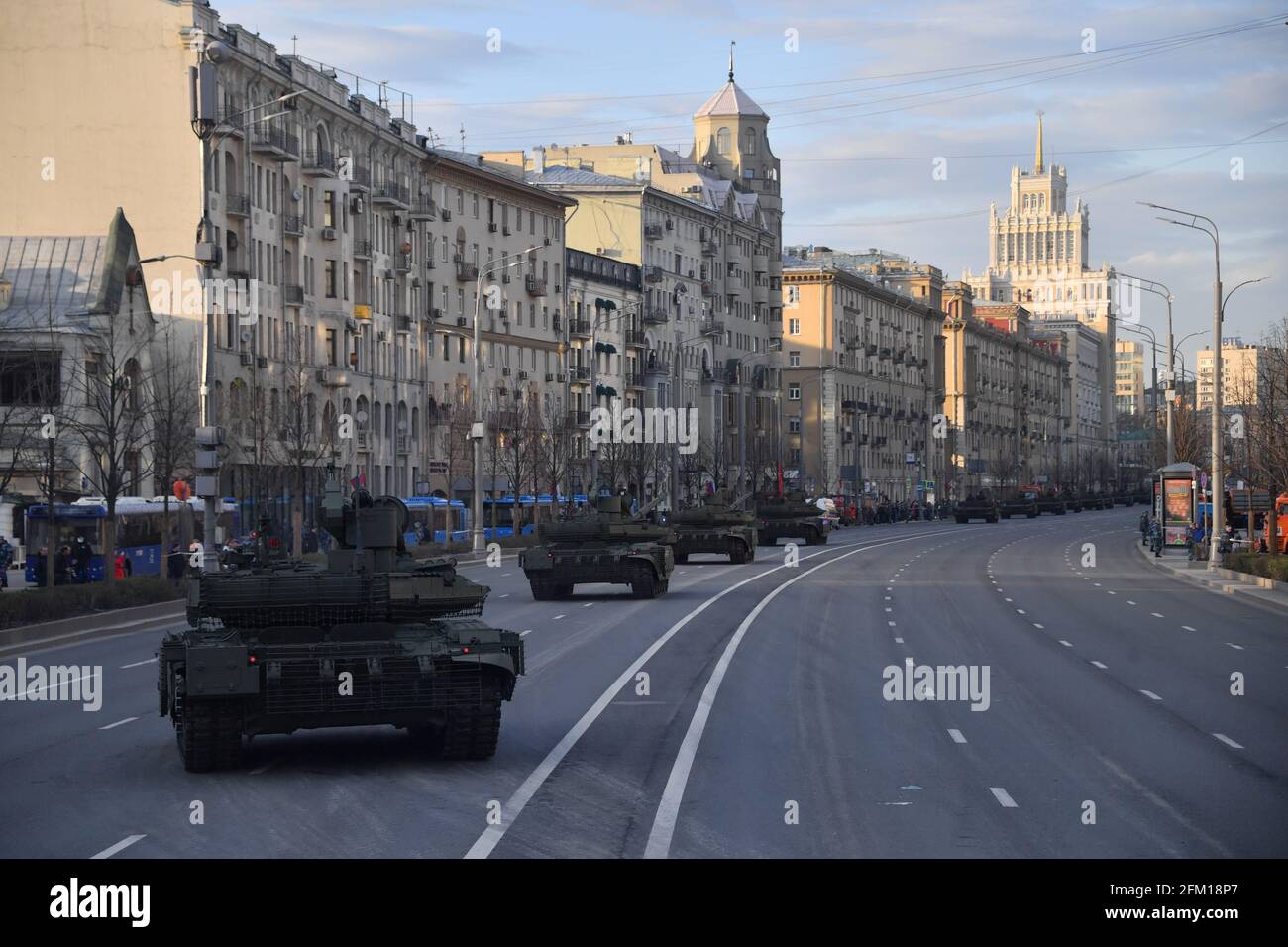 Moscow. T-90M tanks `Breakthrough` before the rehearsal of the parade ...