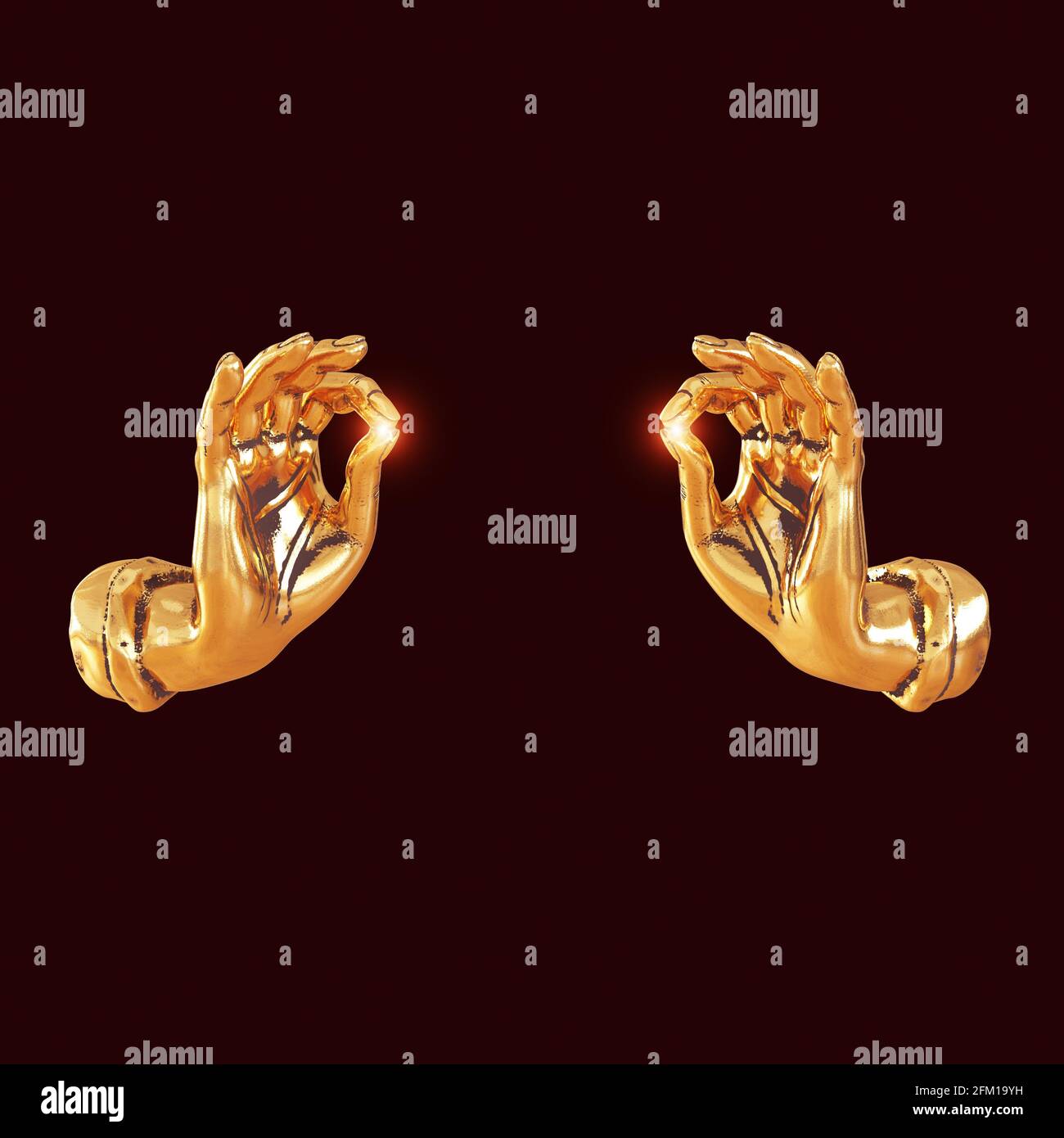 Two golden hands with glow in the fingers on burgundy background. 3d ...