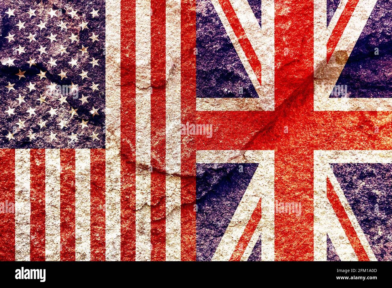 USA flag and UK flag on a rock wall background Stock Photo - Alamy