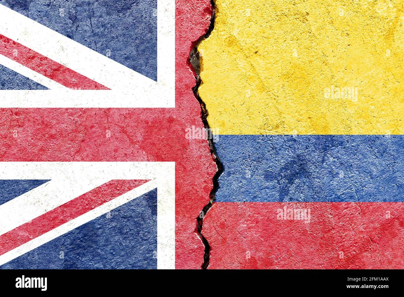 UK flag and Colombia flag on a cracked wall background Stock Photo - Alamy