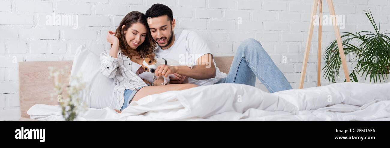 happy interracial couple cuddling jack russell terrier in bed, banner ...
