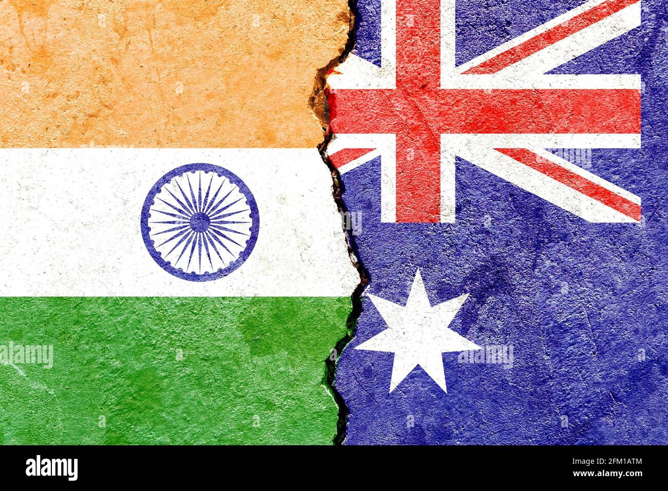 India flag and Australia flag on a cracked wall background Stock Photo ...
