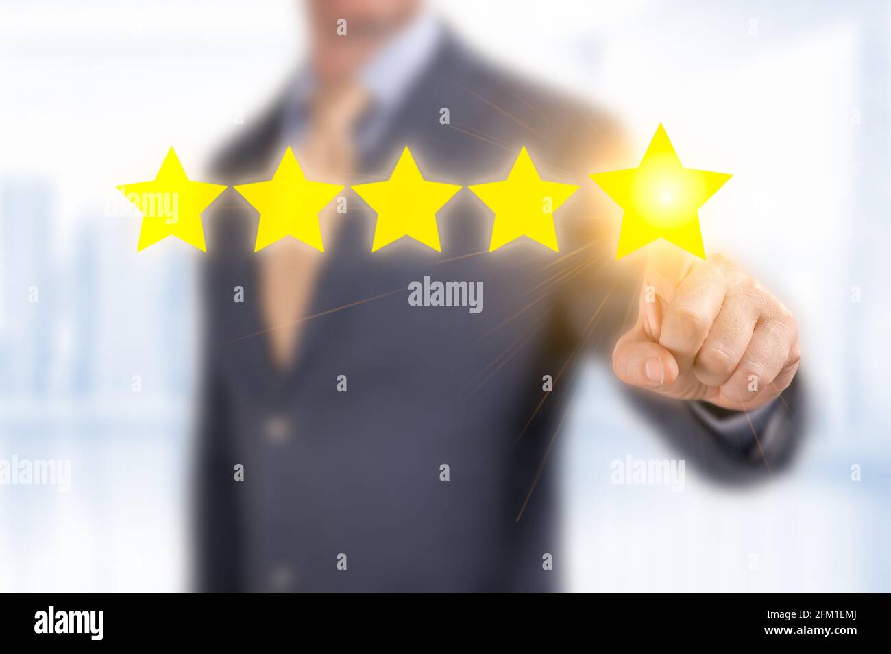 five star concept. Cropped view of businessman in formal wear touching ...