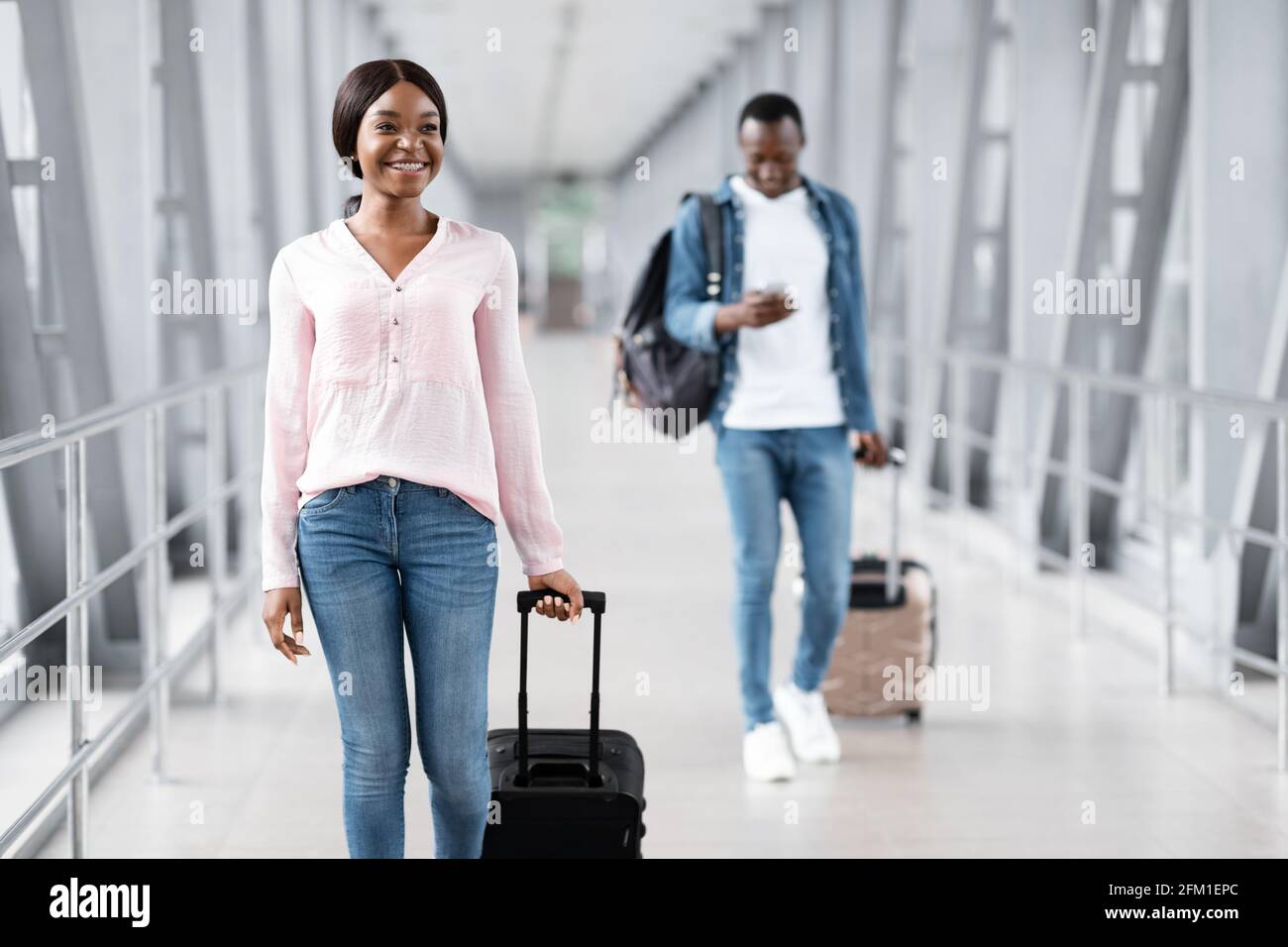Travel Insurance Concept. Cheerful Black People Walking With Luggages ...